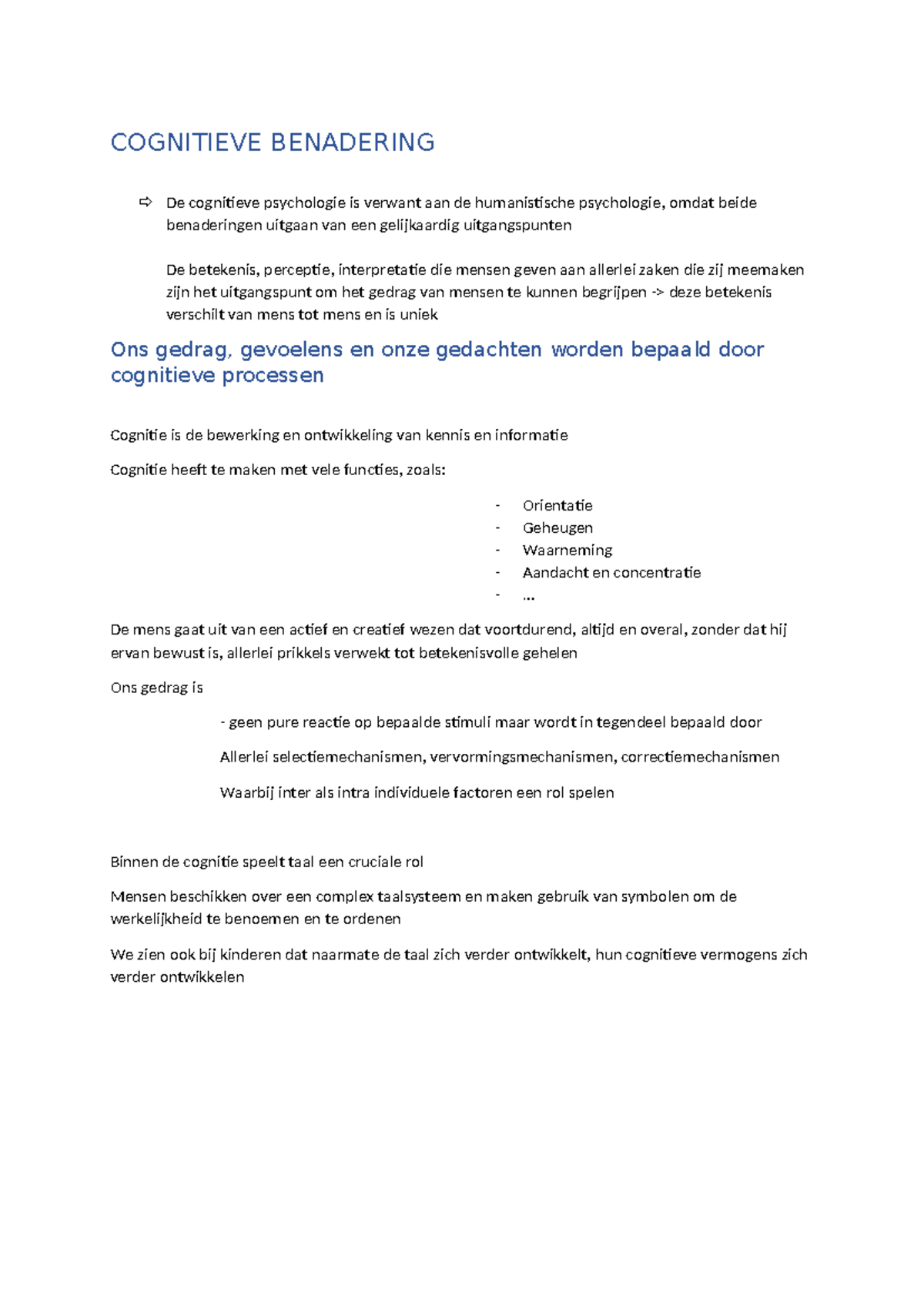 Cognitieve Benadering in de Psychologie: Een Diepgaande Studie - Studocu