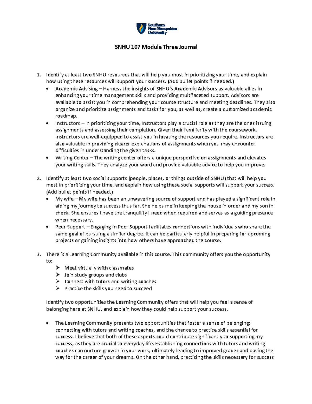 SNHU 107 Module Three Journal: Time Management Strategies for Success ...