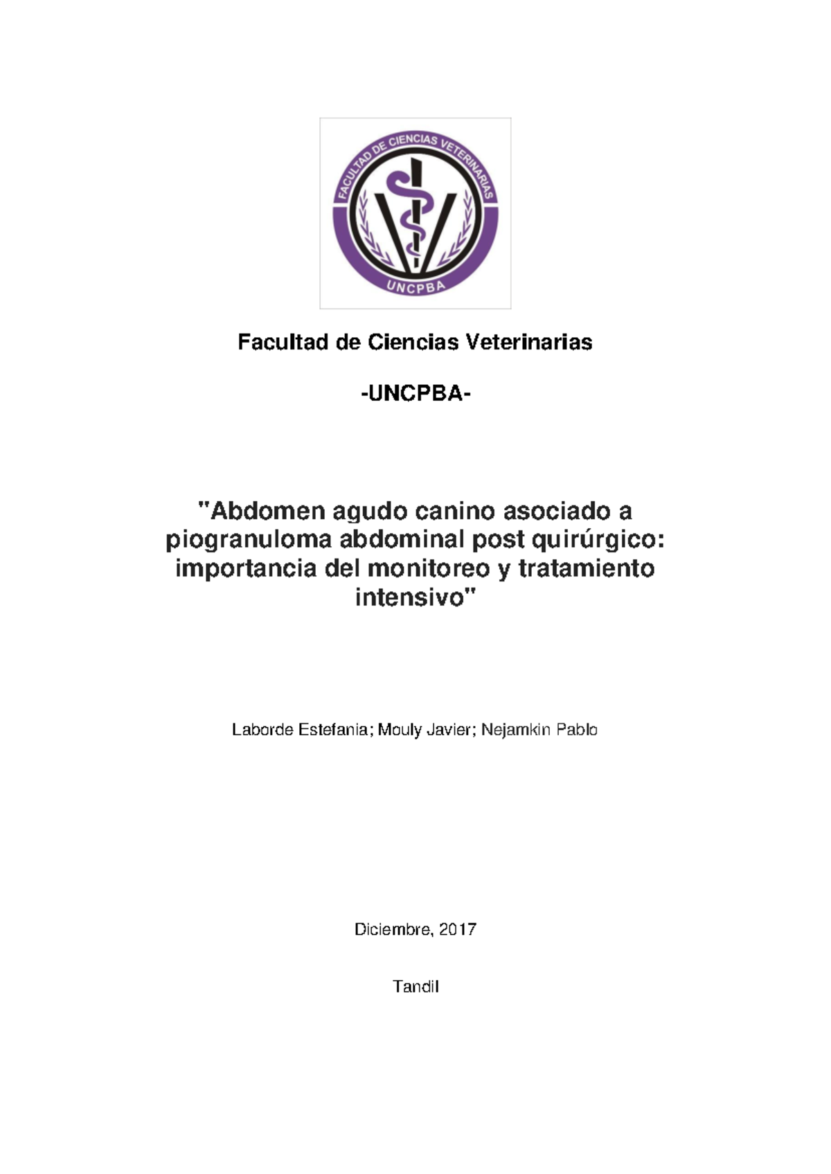 Abdomen agudo canino asociado a piogranuloma - Facultad de Ciencias ...