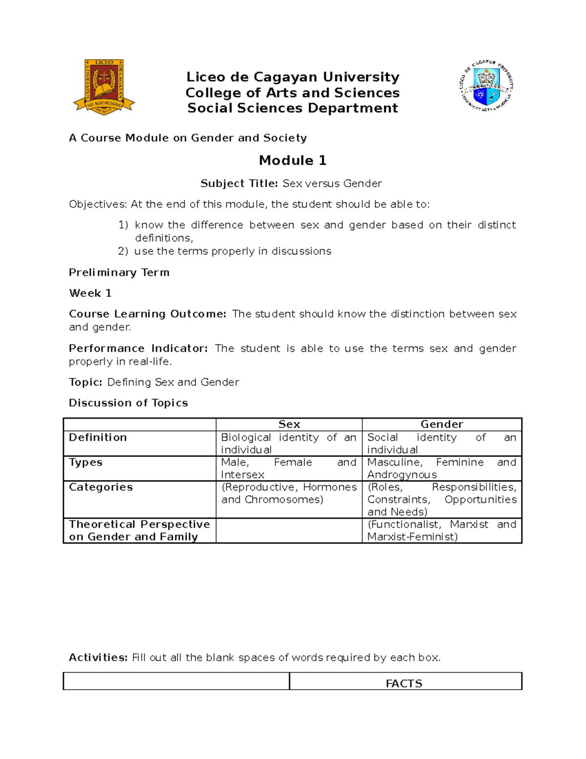 worksheet module number 1 - Liceo de Cagayan University College of Arts ...