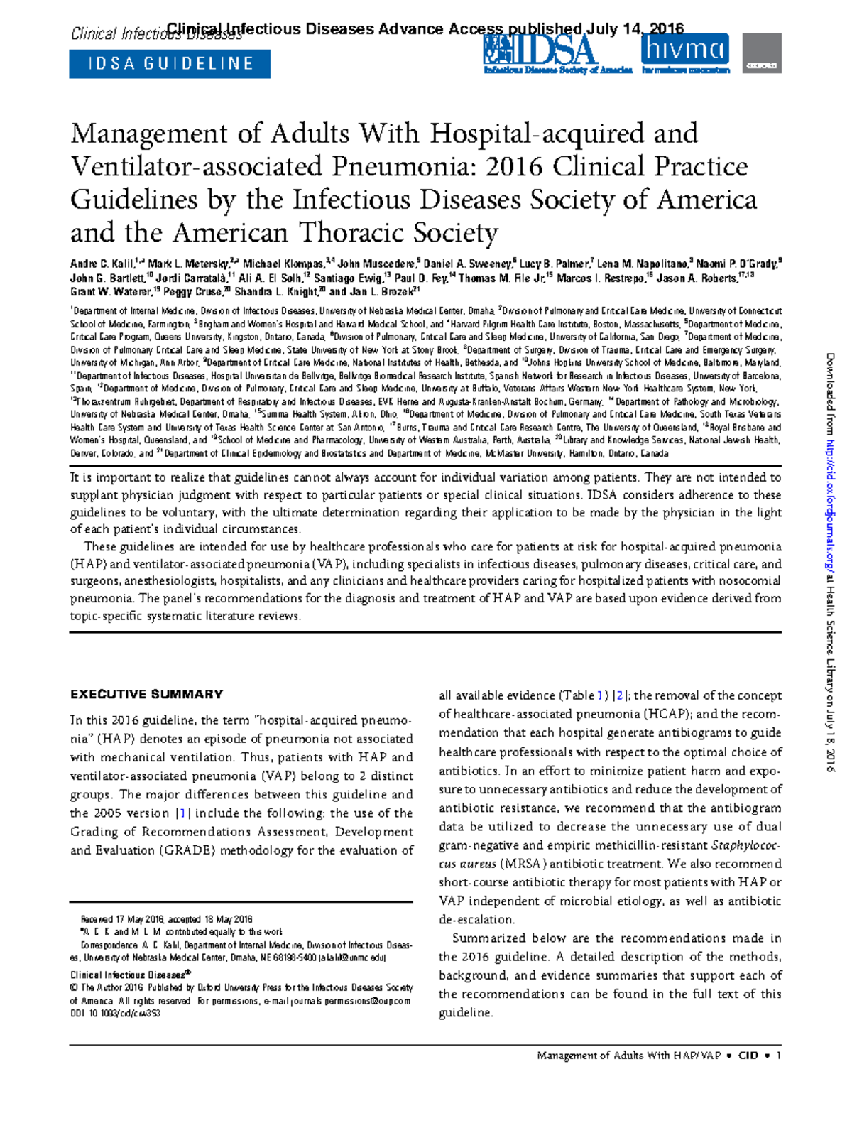 Management of Adults with HAP and VAP: 2016 CID Guidelines - Studocu
