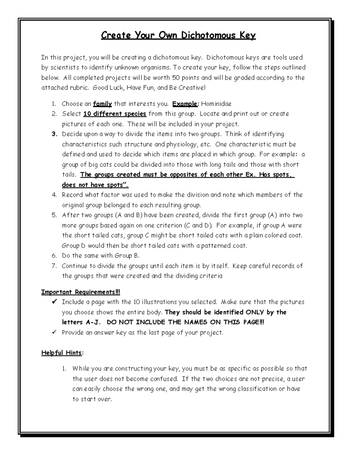 Dichotomous Key Project (BIO 101): Create Your Own Identification Tool ...