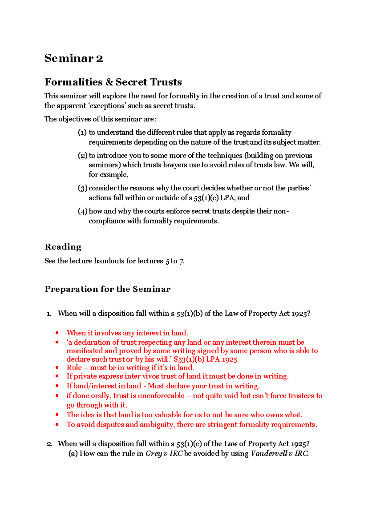 S2 - Seminar 2: Formalities & Secret Trusts Explained - Studocu