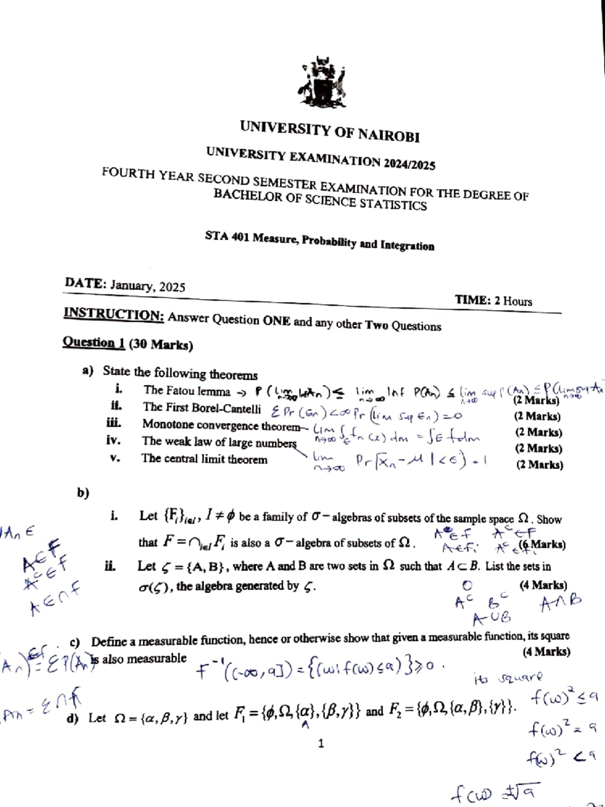 STA 401 Final Exam - Measure, Probability and Integration Revision ...