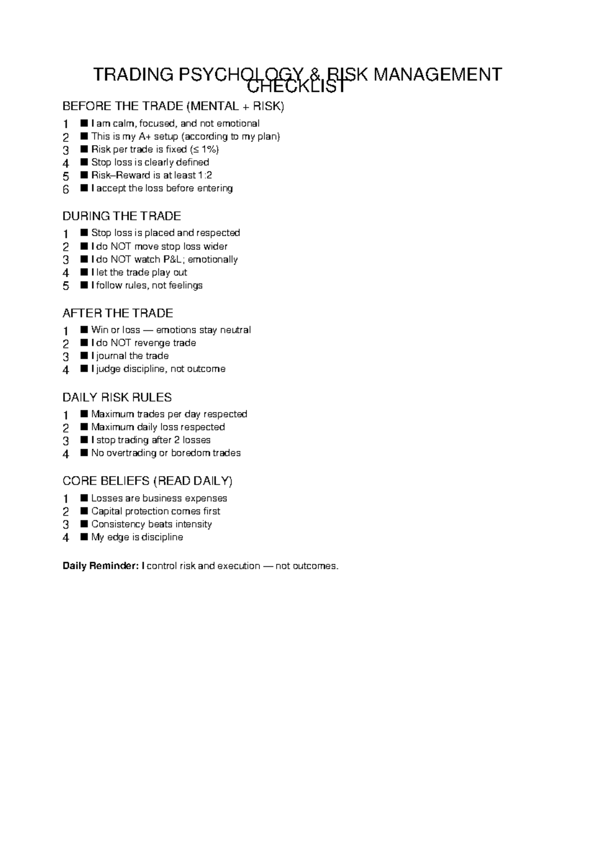 TRADING PSYCHOLOGY & RISK MGMT CHECKLIST (MENTAL RISK) - Studocu