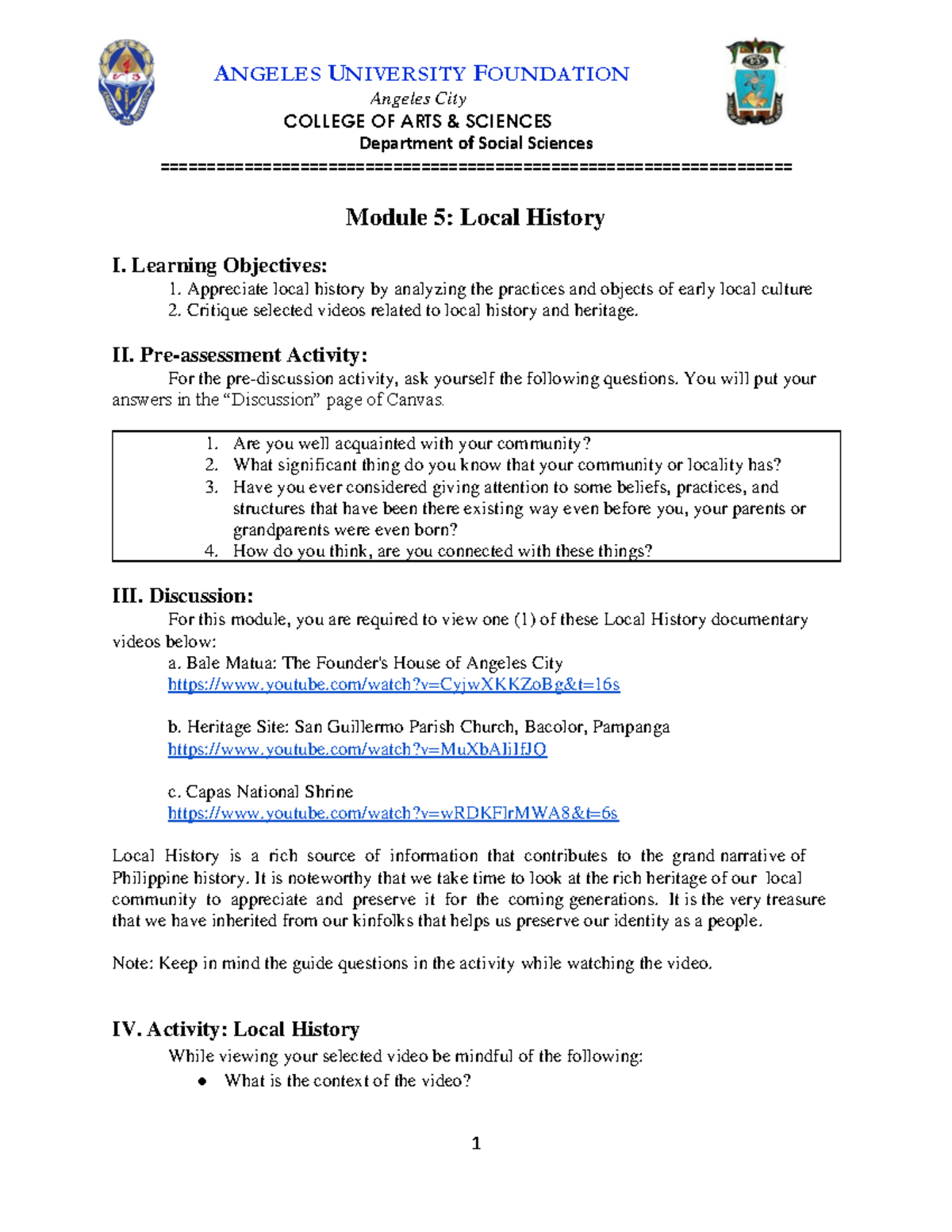 Module 5 - Local History - Reading in Philippine History - AUF - Studocu