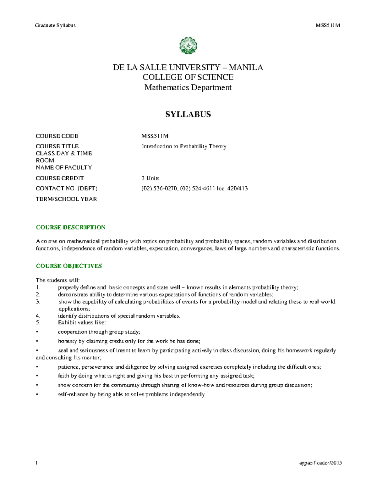 MSS511M - Graduate Syllabus for Introduction to Probability Theory ...