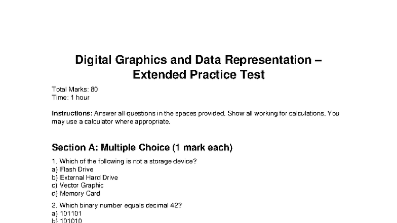 Digital Graphics and Data Representation Practice Test (Total: 80 Marks ...