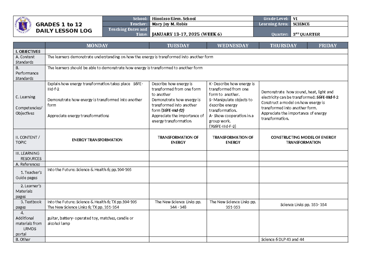 DLL Science 6 Q3 W6: Energy Transformation Daily Lesson Log - Studocu