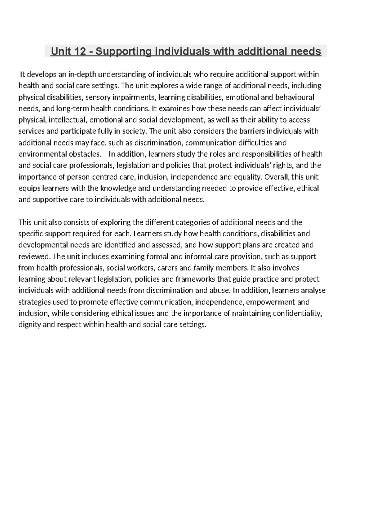 Unit 12 - Understanding and Supporting Individuals with Additional ...