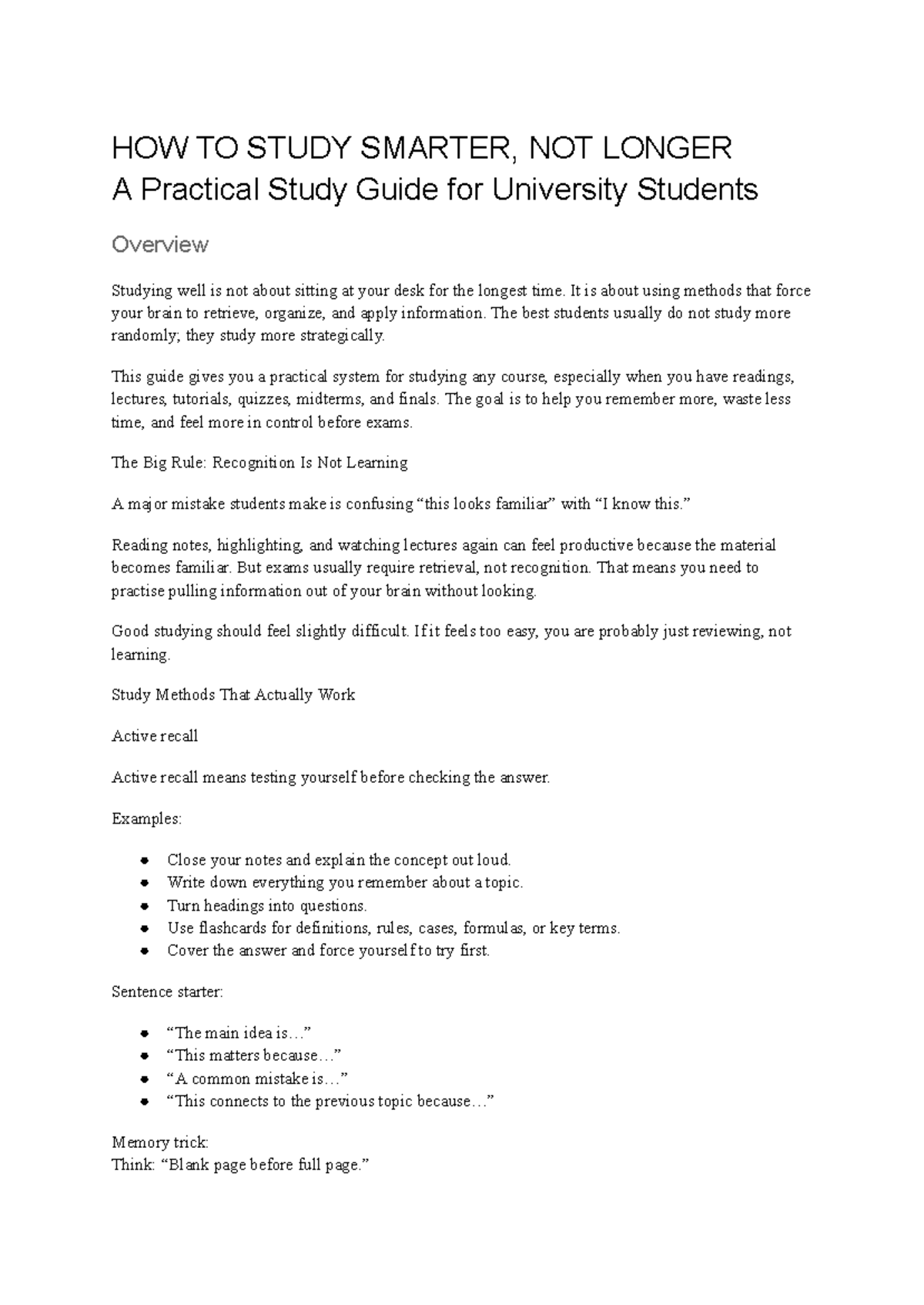 A Practical Study Guide for University Students: Study Smarter, Not ...