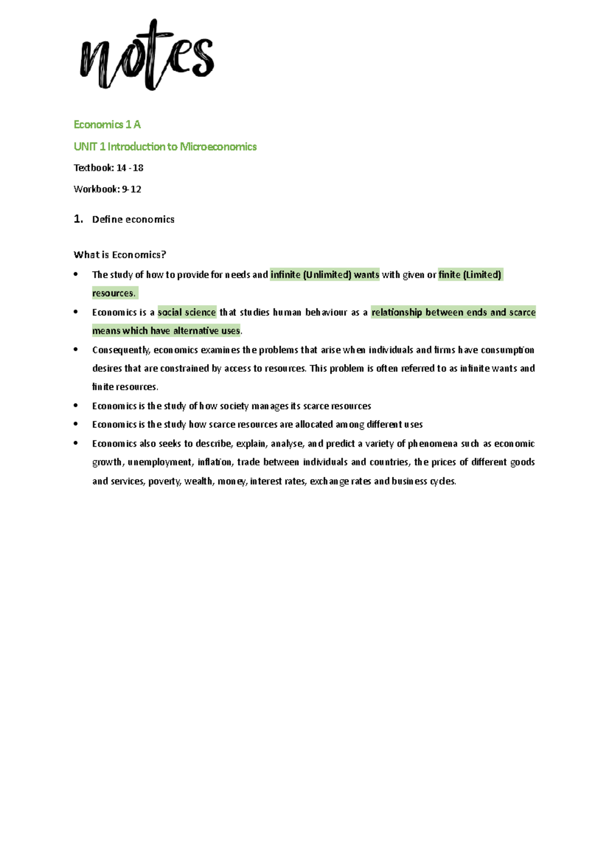 Unit 1 Notes - Economics 1 A UNIT 1 Introduction to Microeconomics ...