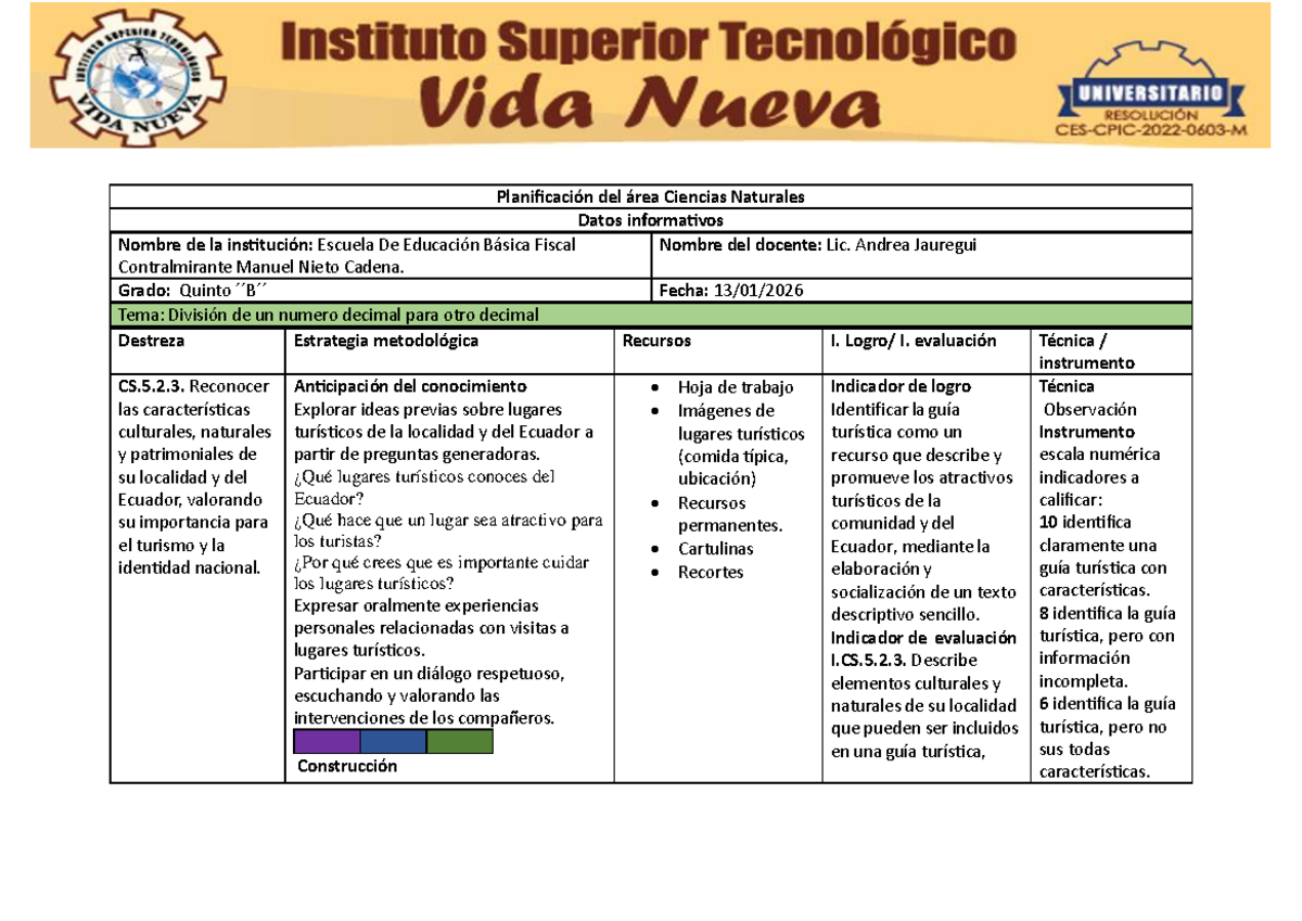 Planificación de Ciencias Naturales: División de Decimales - 5to Grado ...