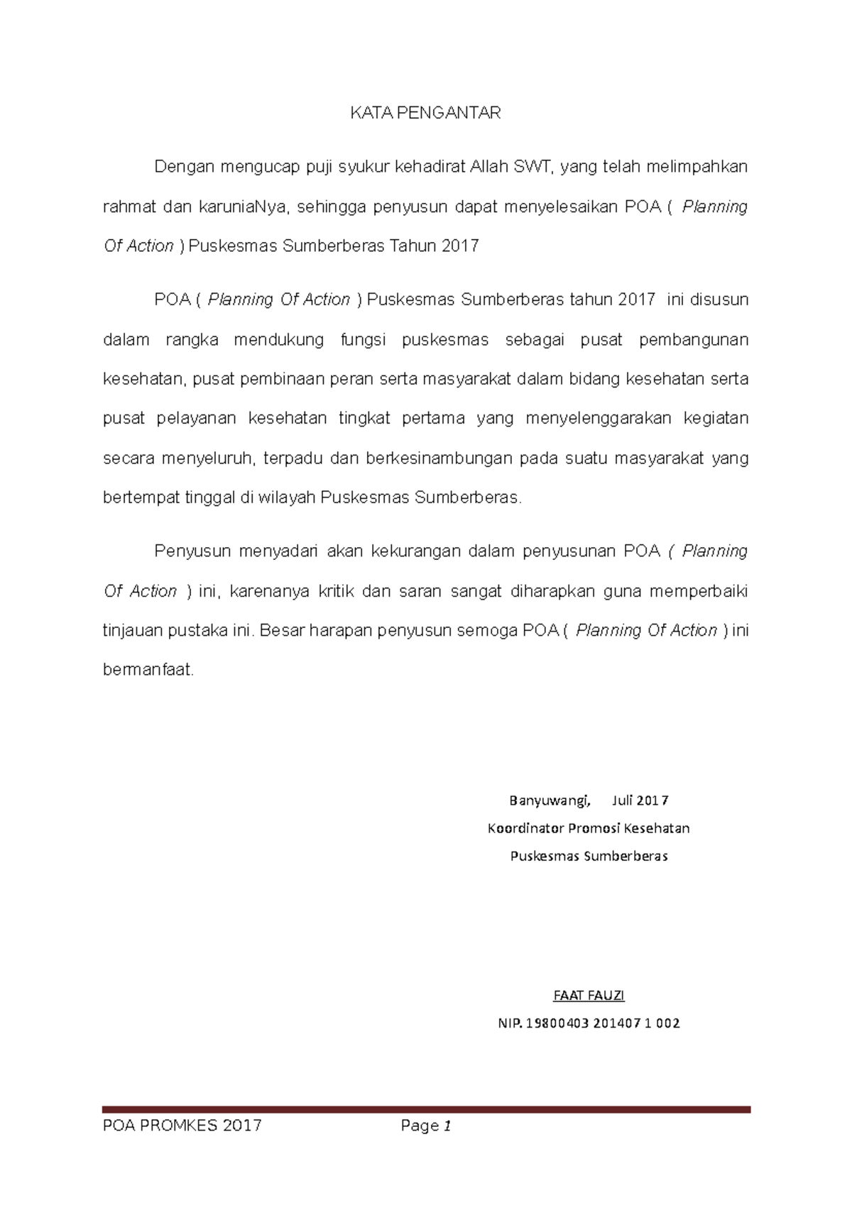 POA Puskesmas Sumberberas 2017: Analisis dan Strategi Promkes - Studocu