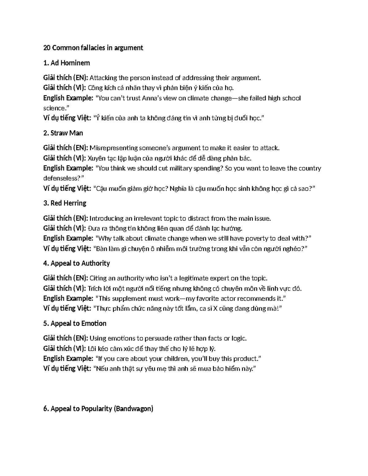 20 Common Fallacies in Argument: A Comprehensive Guide (ENG/VN) - Studocu