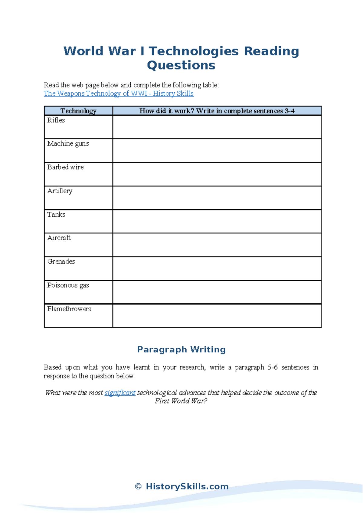 World War INew Technologies Reading Questions Worksheet-1 - World War I ...