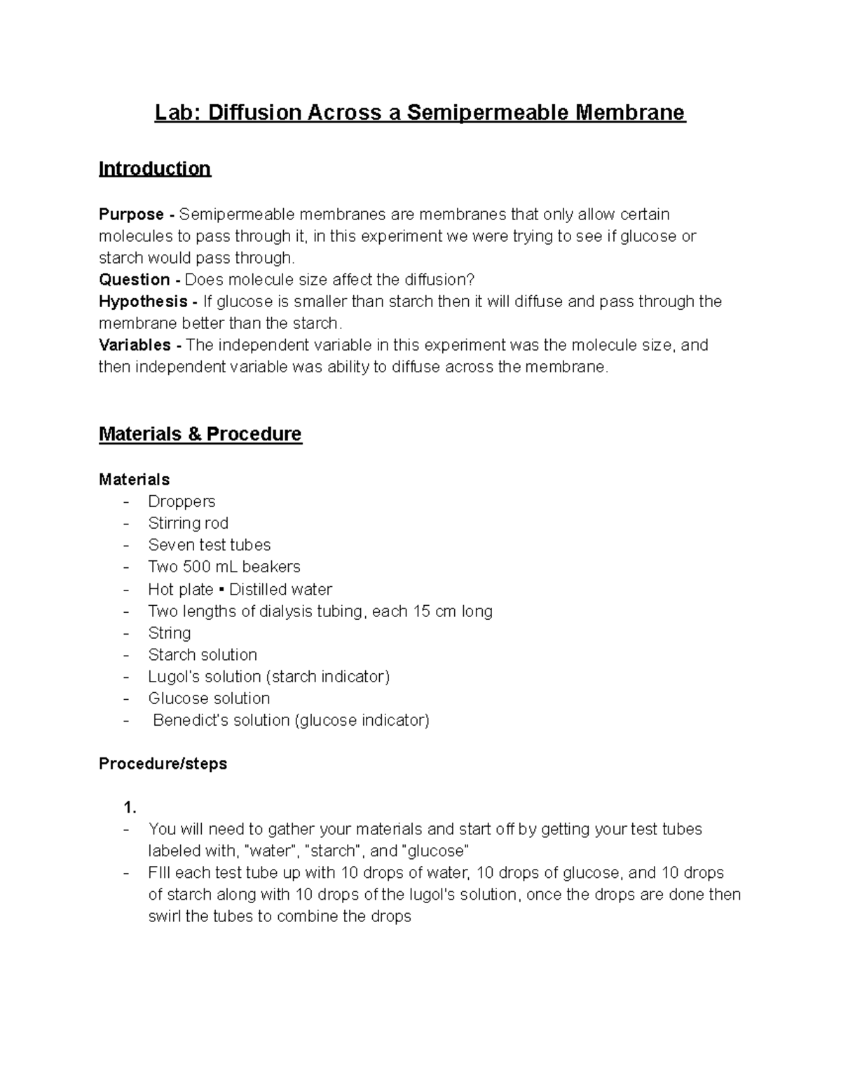Lab Report: Diffusion Experiment Across Semipermeable Membrane - Studocu