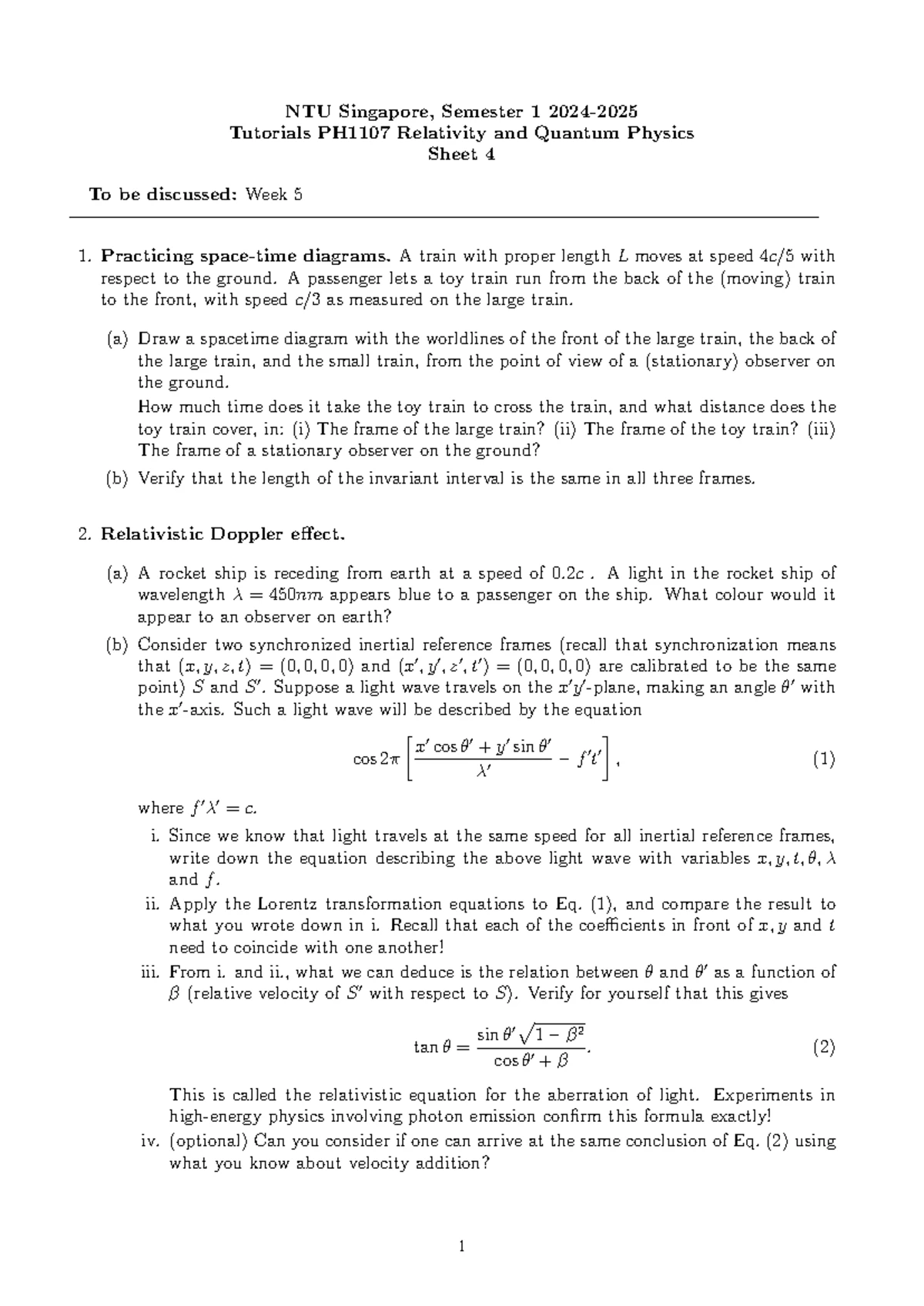 NTU PH1107 Semester 2 Tutorial 4 Solutions: Relativity & Quantum Physics - Studocu