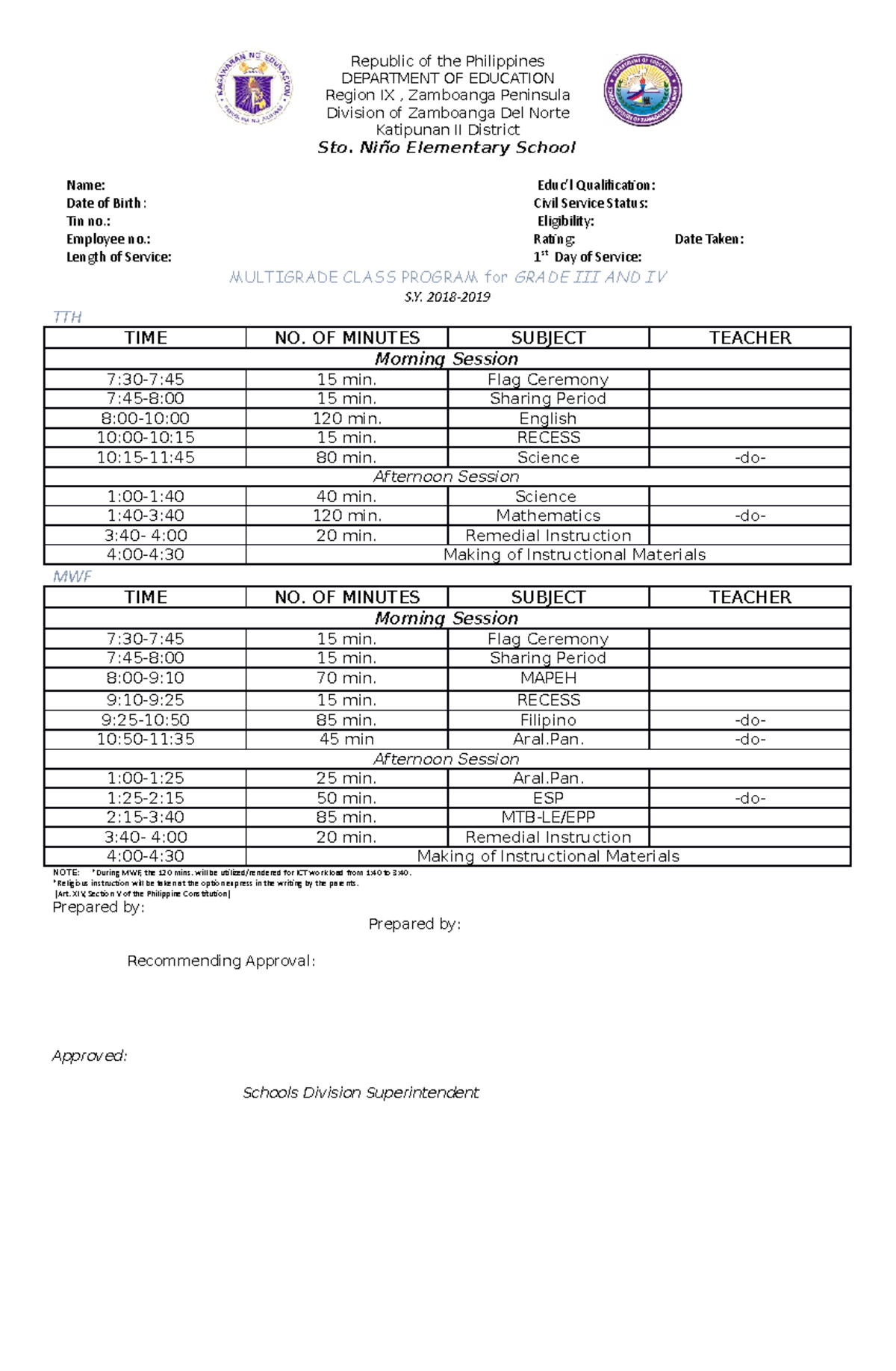 Sample MG Class Program Grade 3 AND 4 - Republic of the Philippines ...