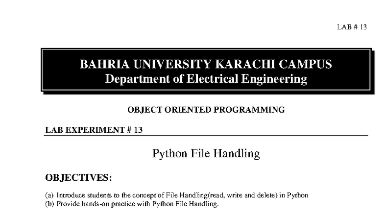 LAB 13: Python File Handling - Object Oriented Programming (EE) - Studocu