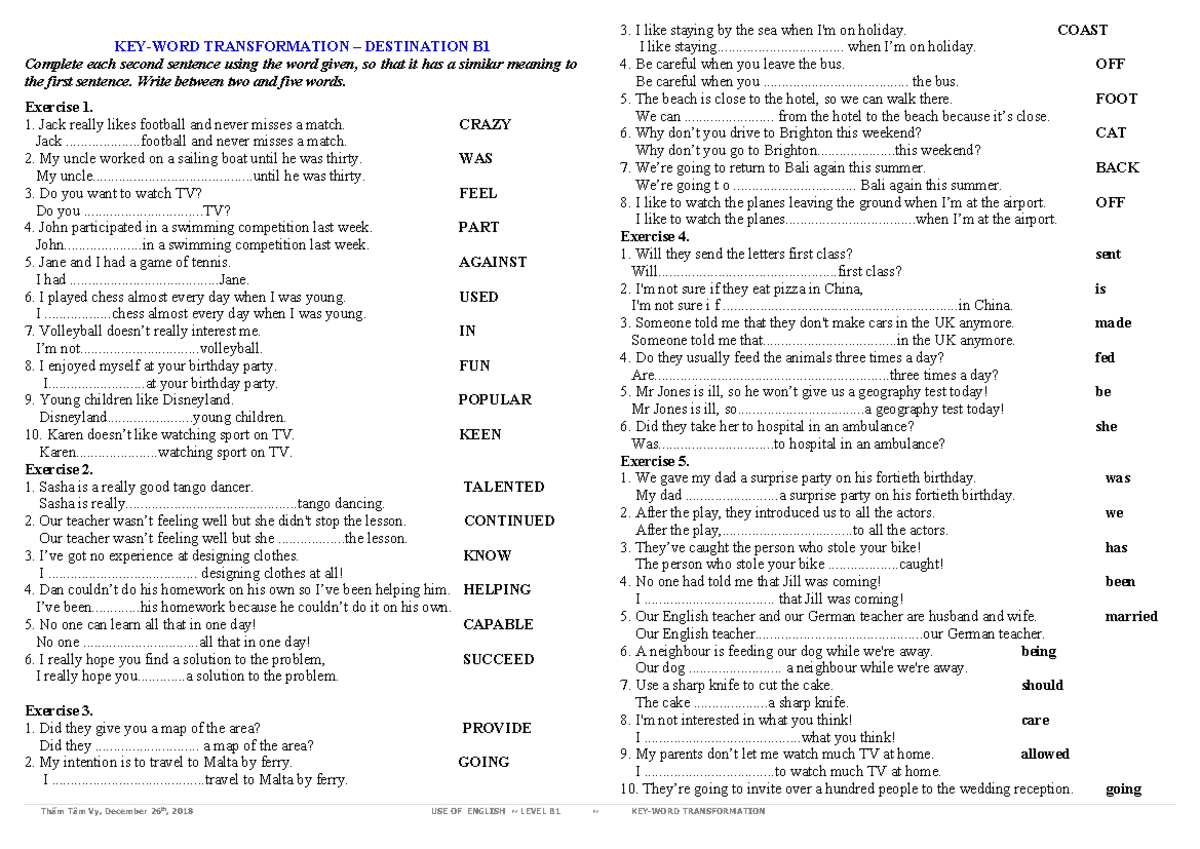 Keyword Transformation B1 Exercise Guide - Studocu