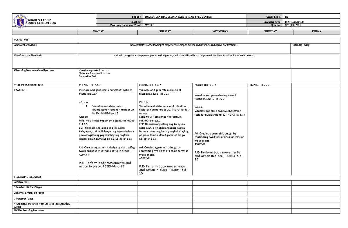 DLL weekly Math pakigtagbo - GRADES 1 to 12 DAILY LESSON LOG School ...