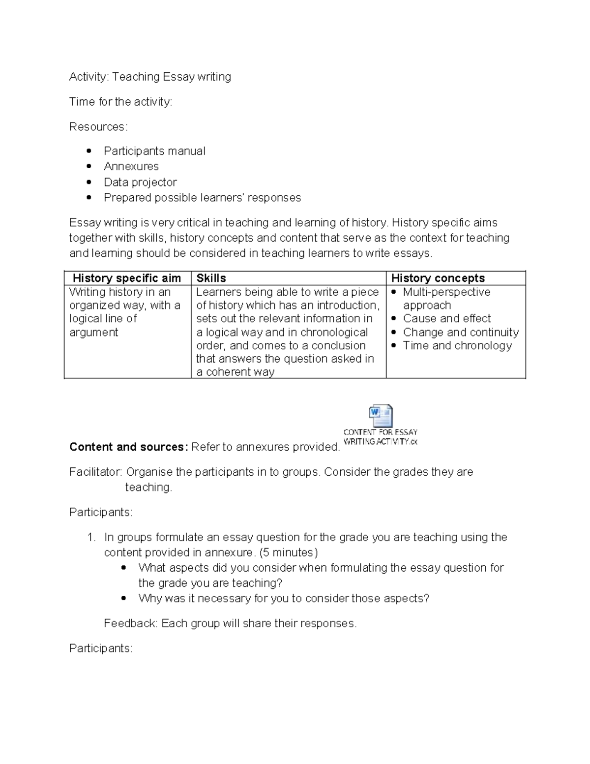 Activity: Teaching Essay Writing in History (Grade 7-9) - Studocu