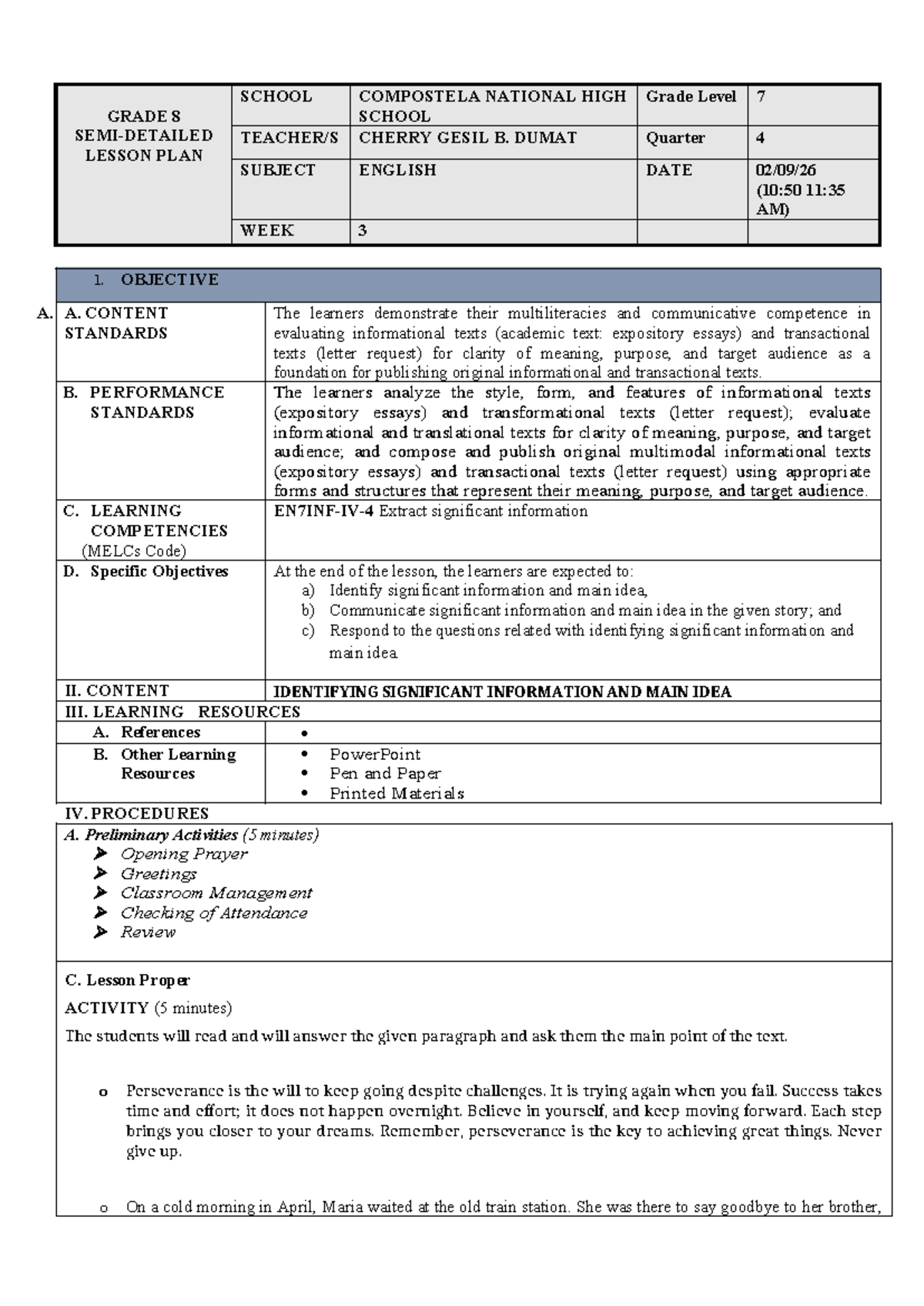 GRADE 7 ENGLISH LESSON PLAN: IDENTIFYING MAIN IDEAS - Studocu