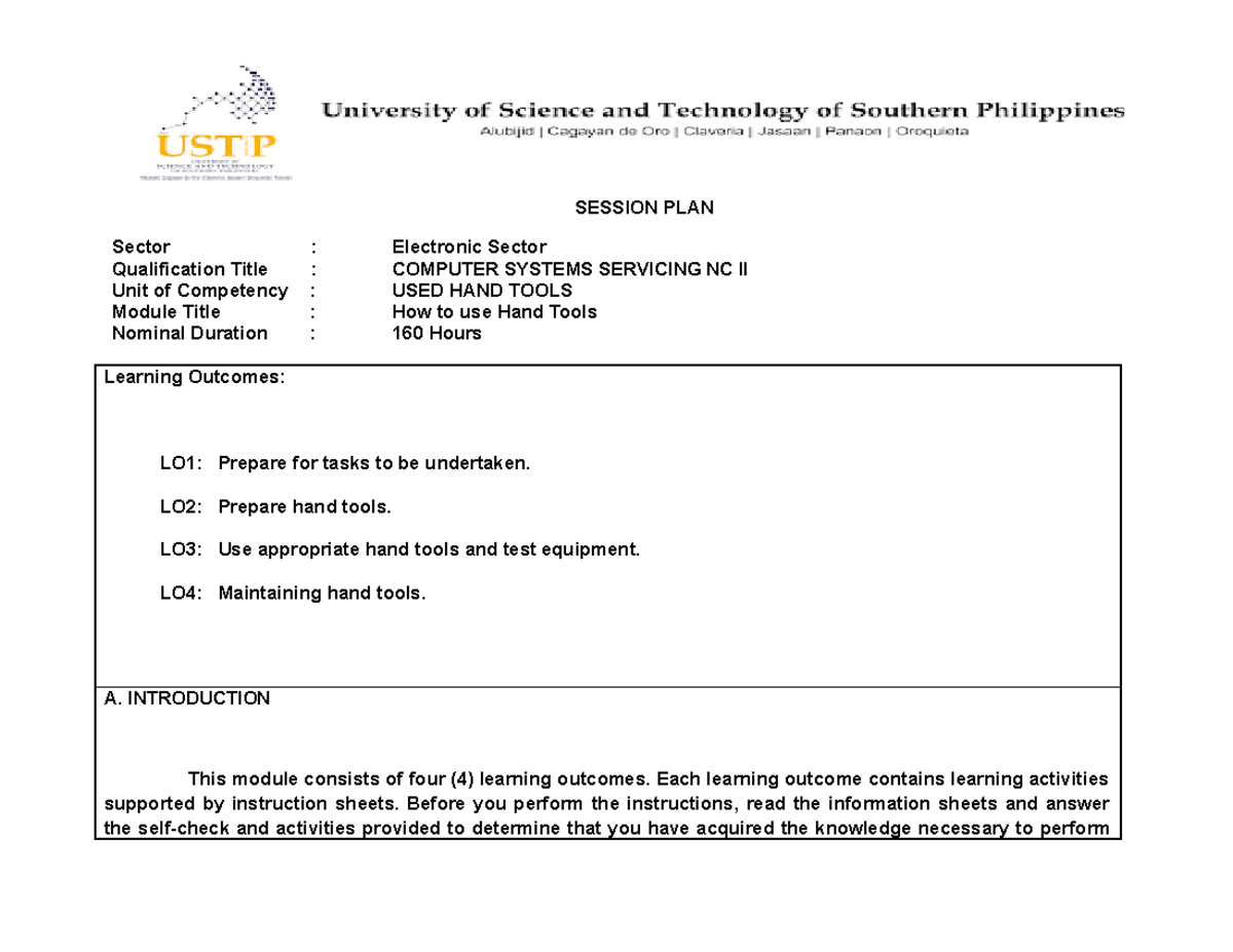 Session Plan for COMPUTER SYSTEMS SERVICING NC II: Using Hand Tools ...