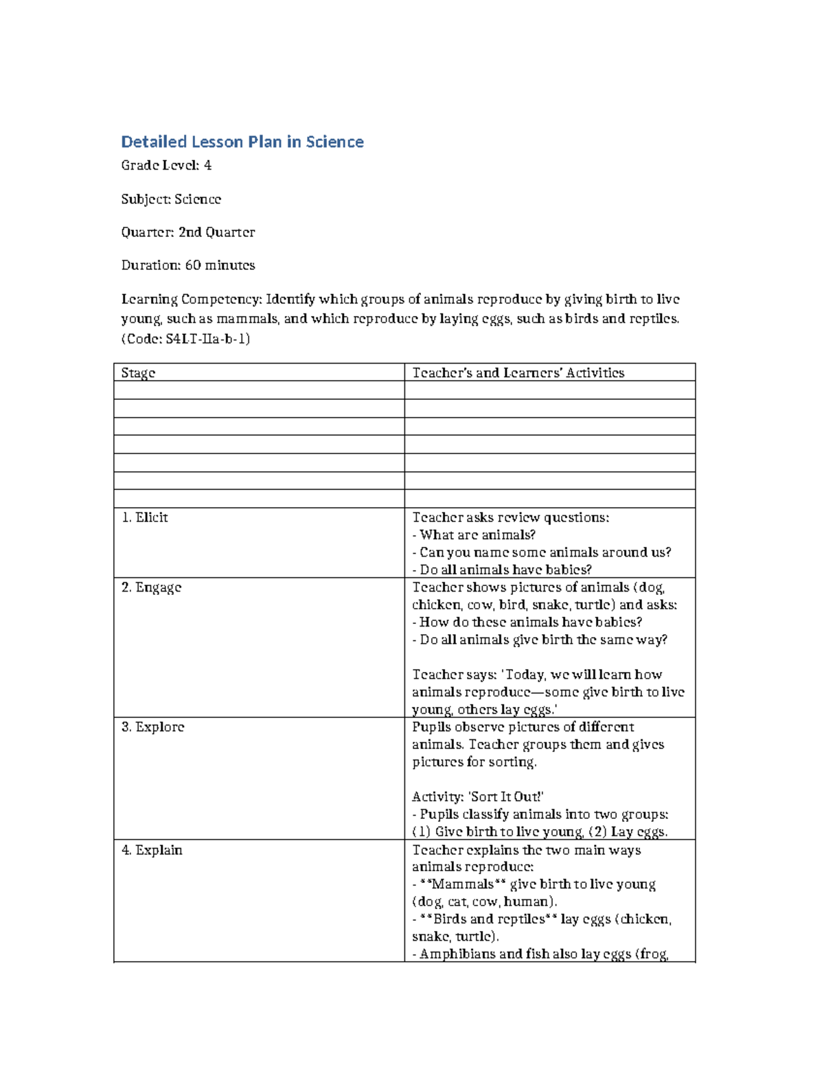 Detailed Lesson Plan 7Es: Science for Grade 4 (2nd Quarter) - Studocu