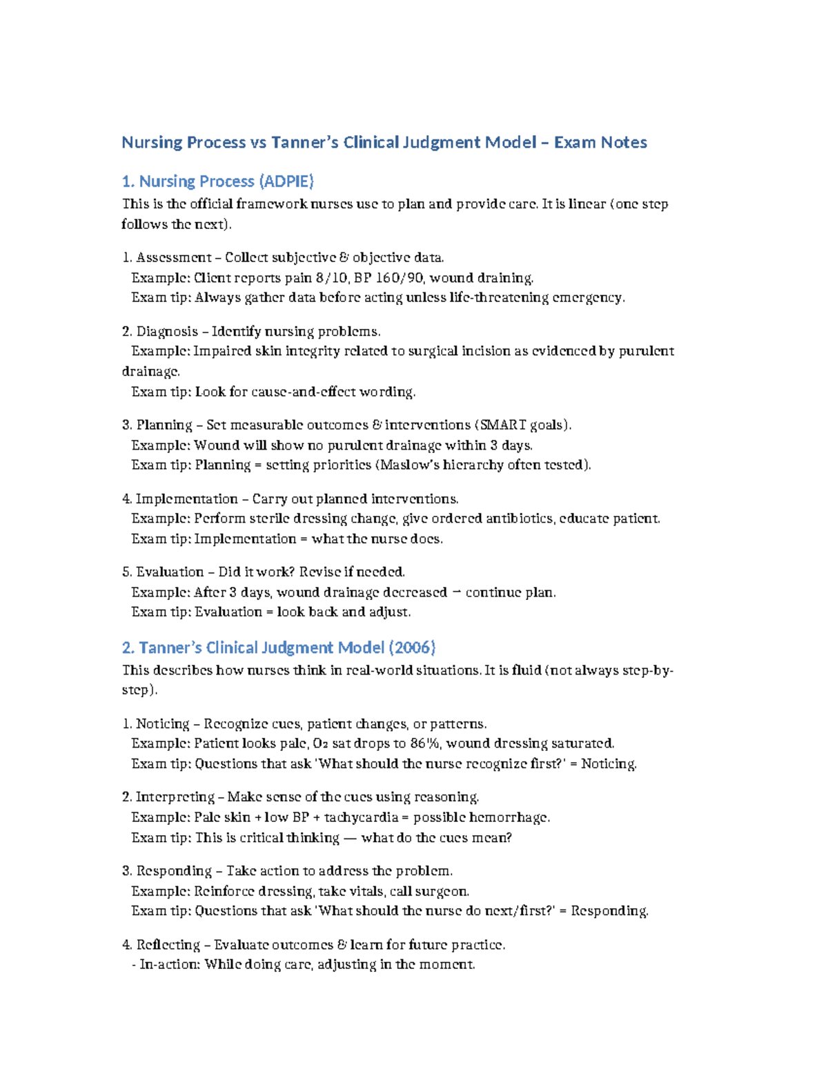 Nursing Process vs Clinical Judgment Model Exam Notes (NUR 101) - Studocu