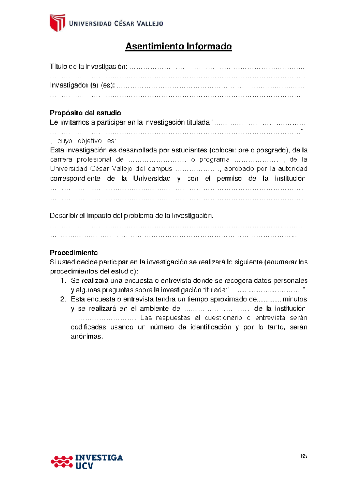 Asentimiento Informado para Investigación Universitaria - UCV - Studocu