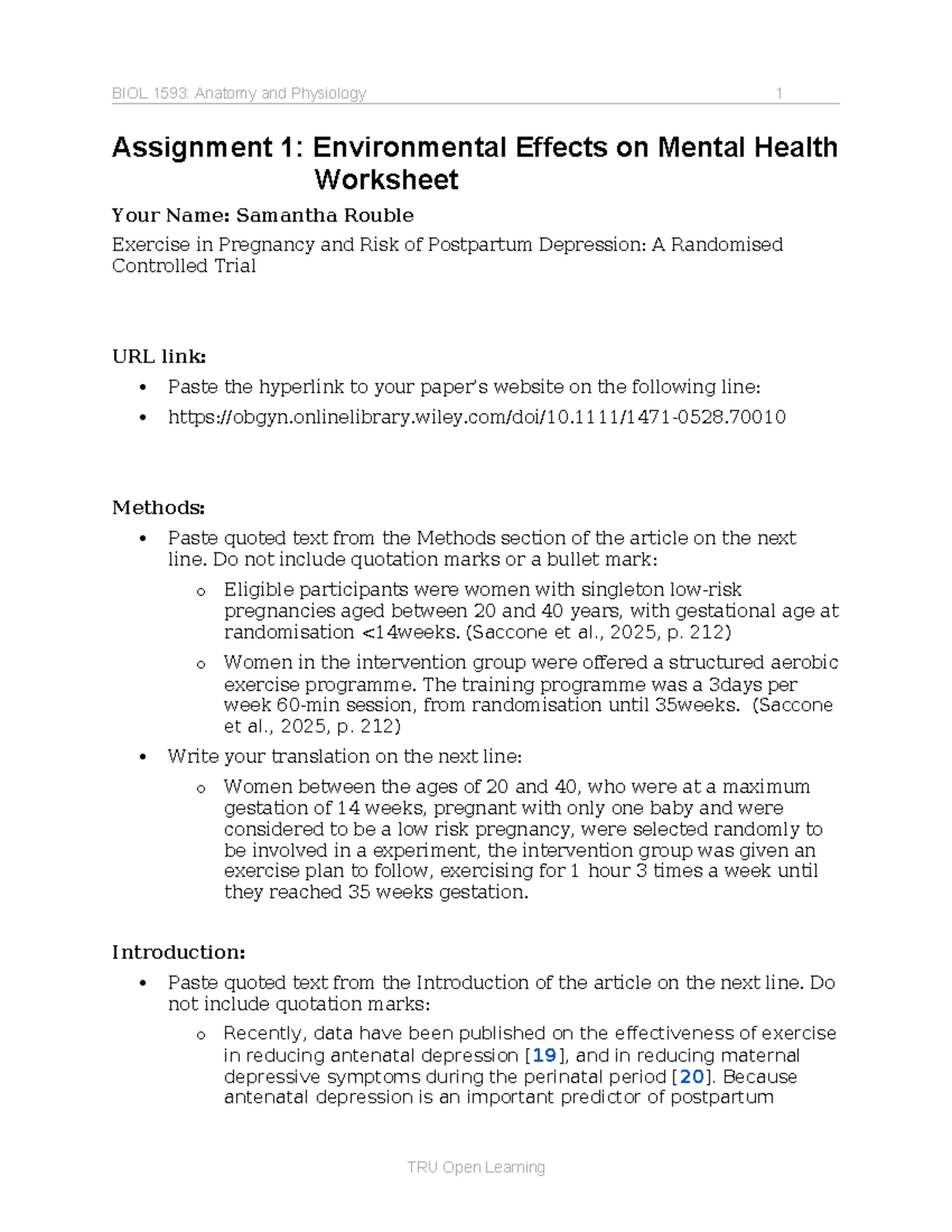 BIOL 1593: Assignment 1 - Environmental Effects on Mental Health ...