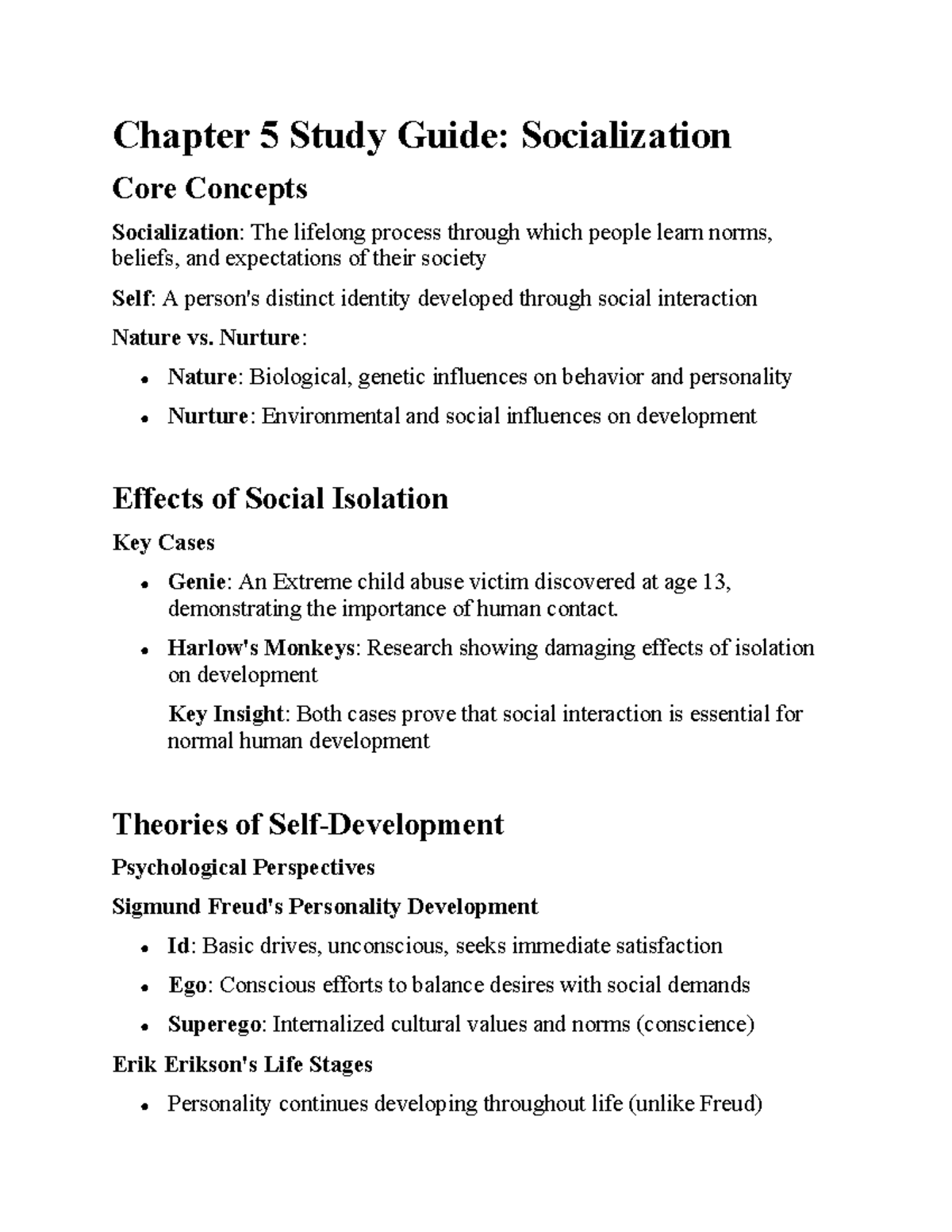 Sociology 101: Chapter 5 Study Guide on Socialization & Self ...