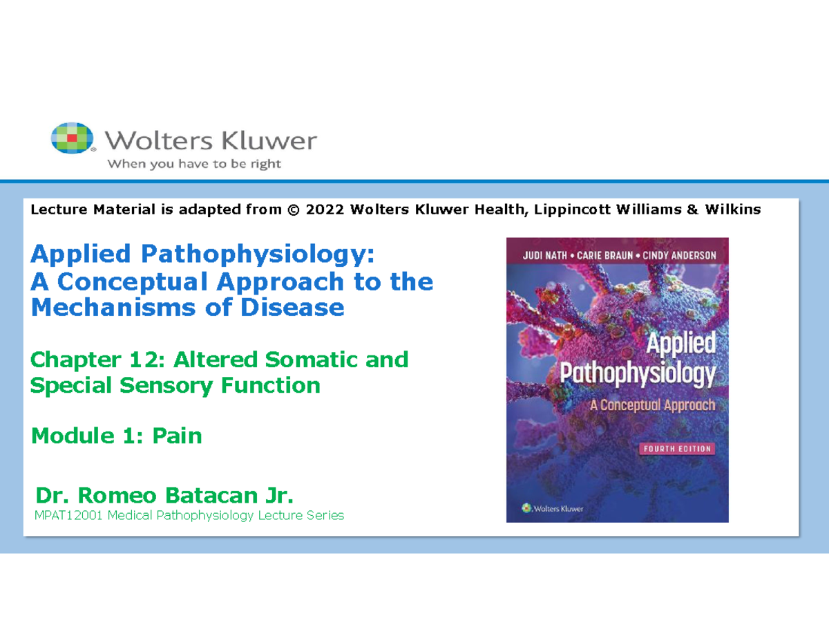 MPAT12001 Lecture: Altered Somatic & Sensory Function - Studocu