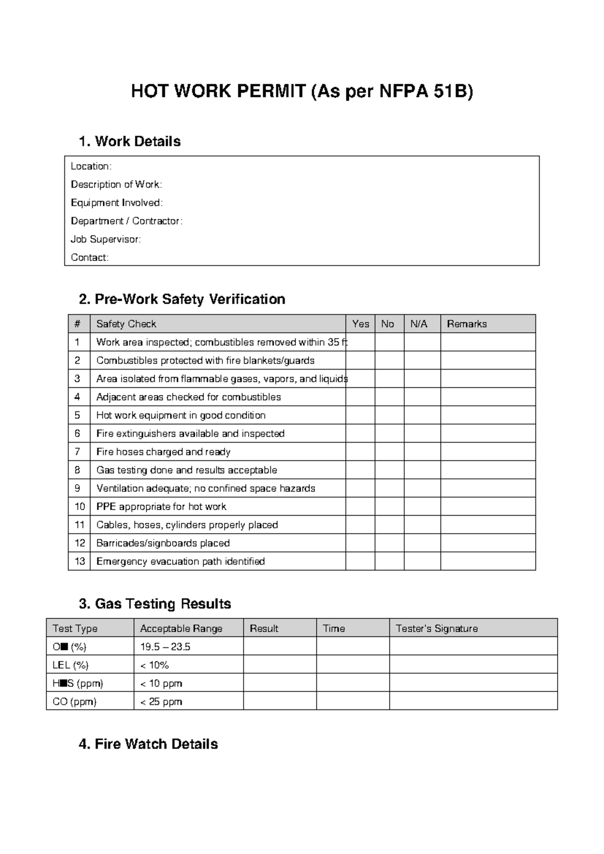 Hot Work Permit Template (NFPA 51B) - Safety & Verification Checklist ...