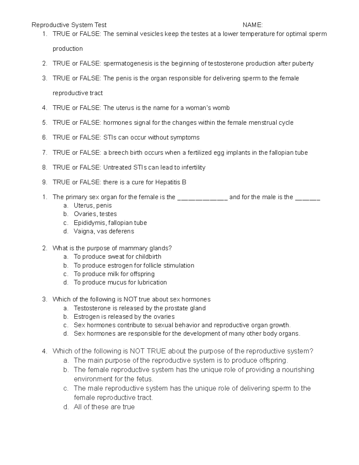 Reproductive System Test: True/False & Multiple Choice Questions - Studocu