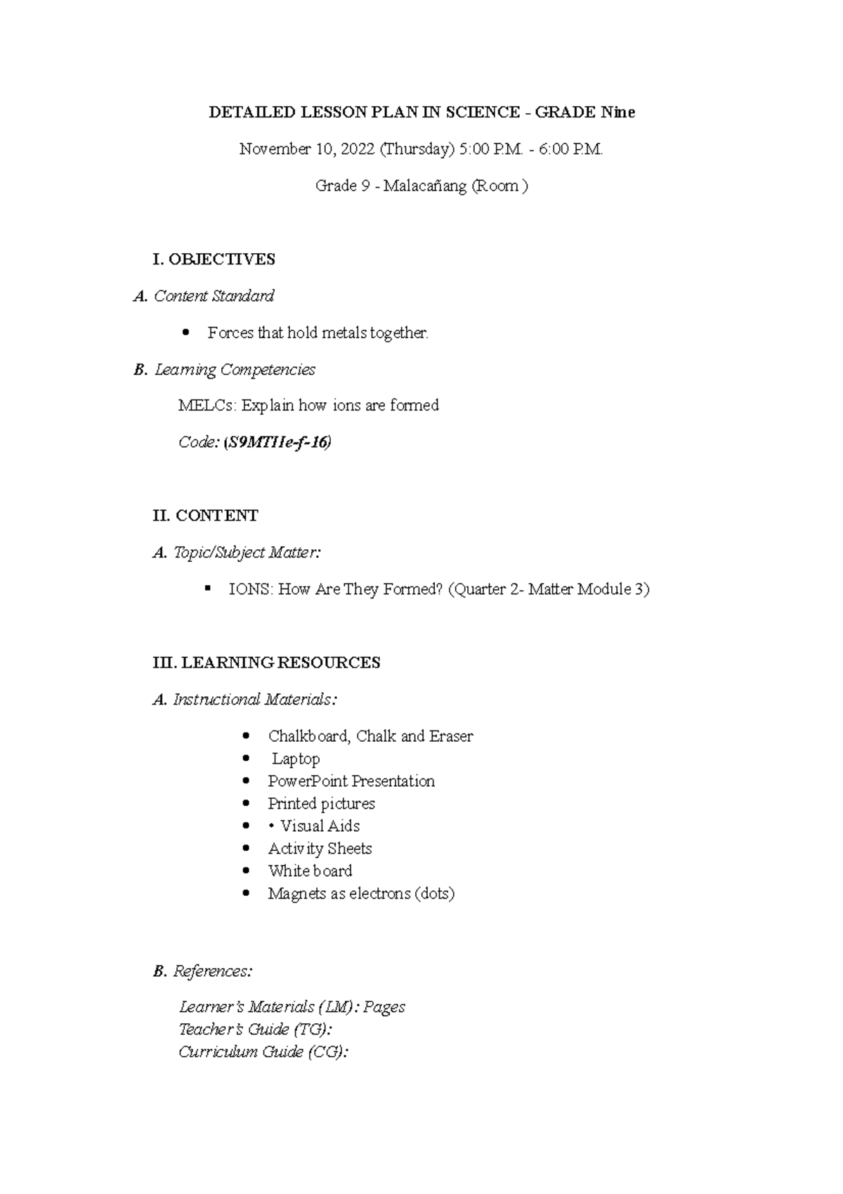 DLP-S9: Detailed Lesson Plan on Ions - Grade 9 Science - Studocu