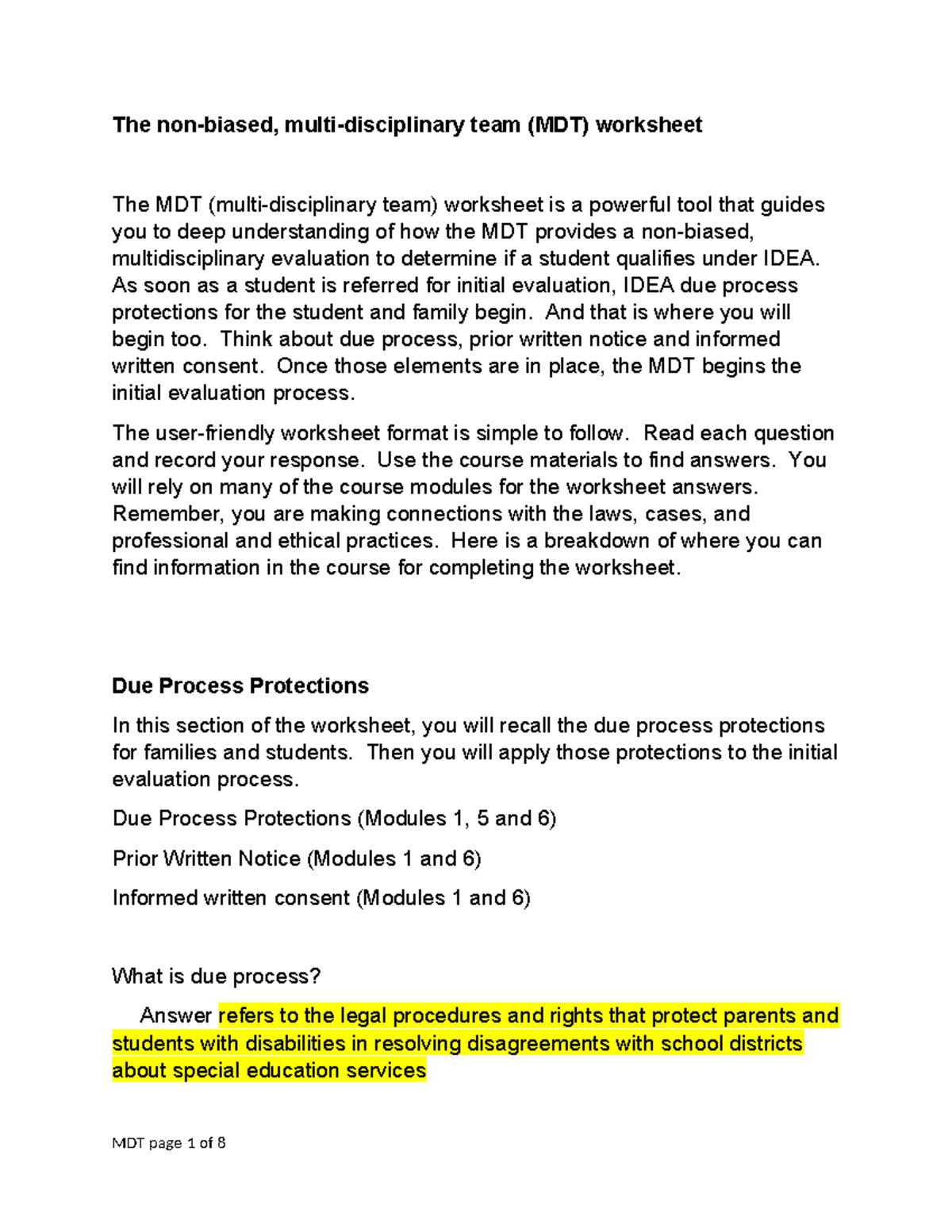 MDT Worksheet: Comprehensive Guide to IDEA Evaluations and Due Process - Studocu