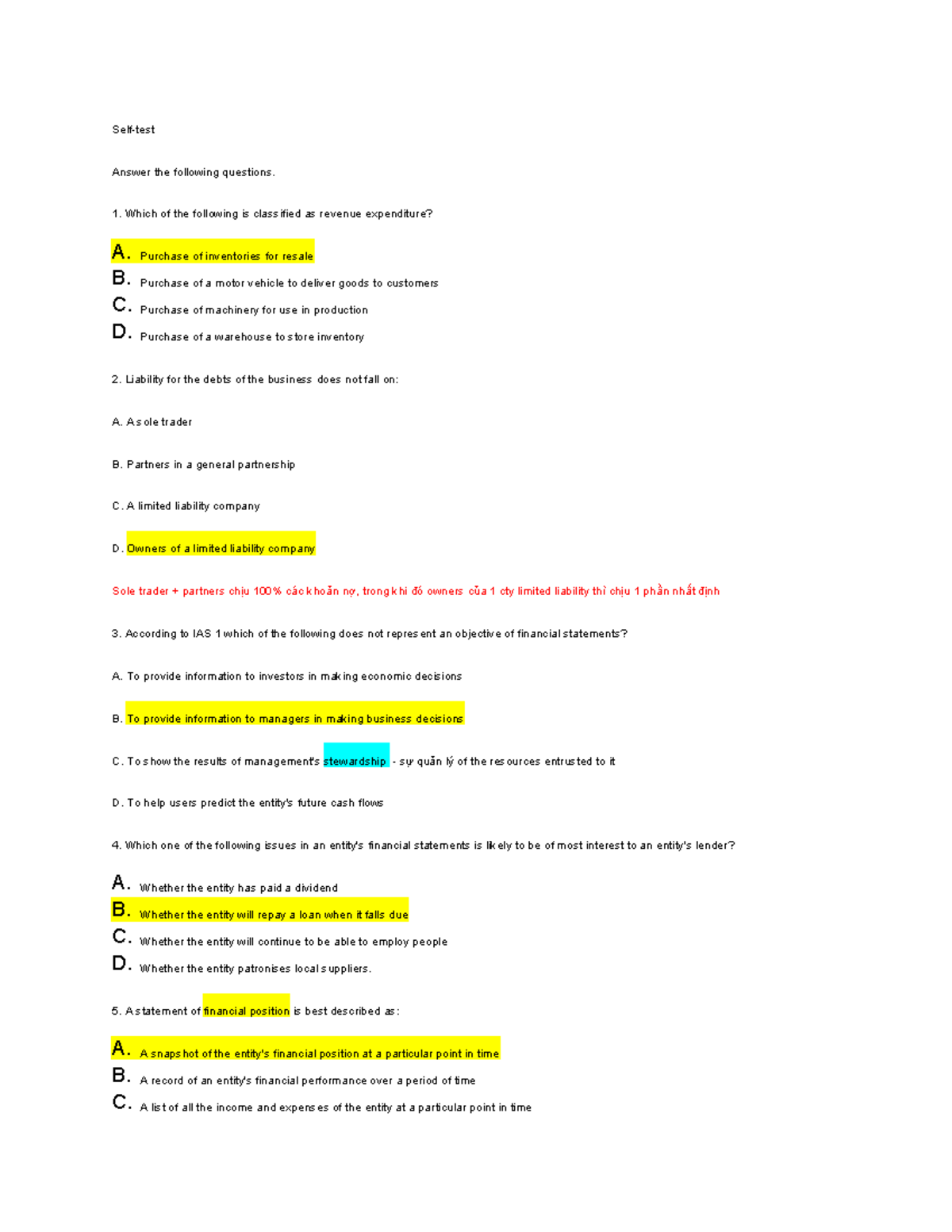 CFAB Self-Test: Chapter 1 Practice Questions for Accounting Review ...