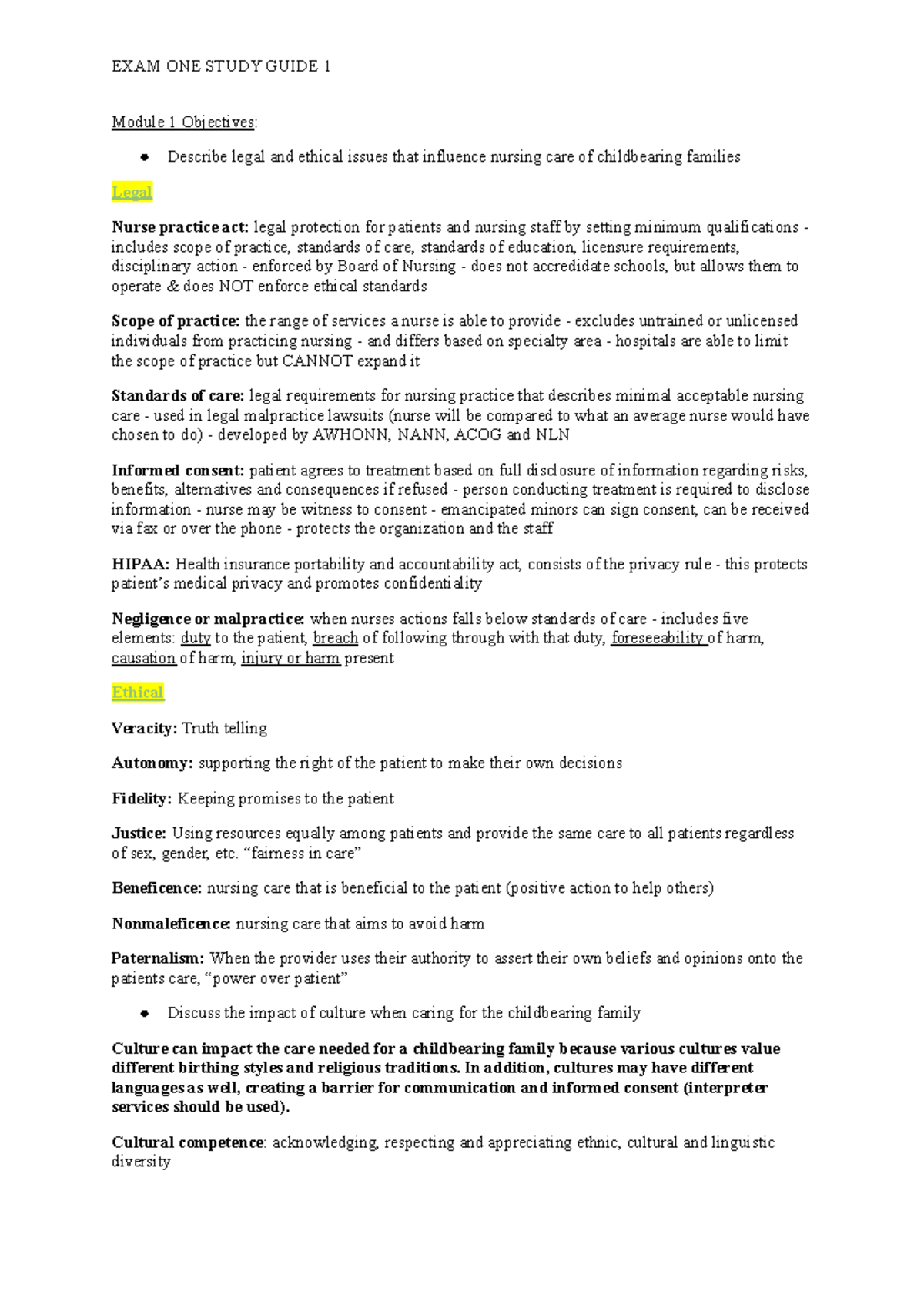 Maternity Objectives EXAM #1 - Module 1 Objectives: Describe legal and ...