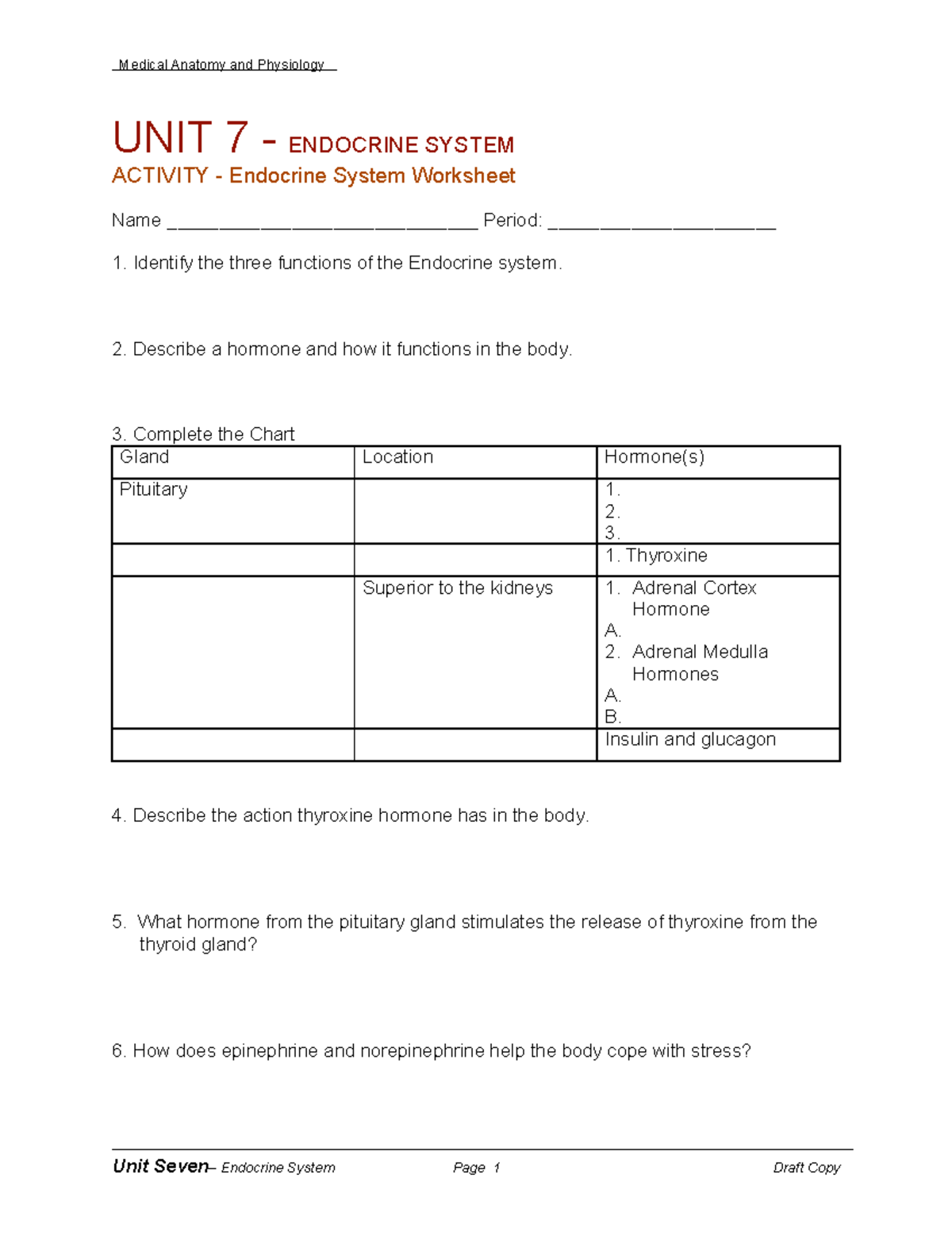 07Activity 7 Endocrineworksheet - UNIT 7 - ENDOCRINE SYSTEM ACTIVITY ...