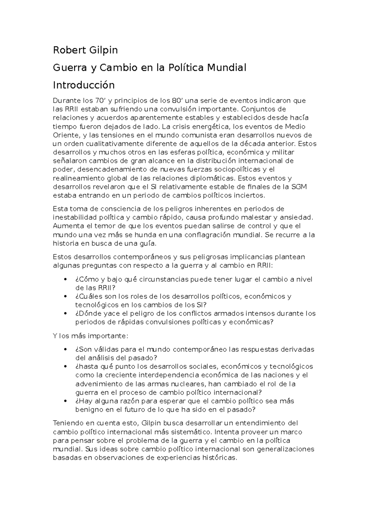 Unidad 1: Introducción a la Guerra y Cambio en la Política Mundial ...