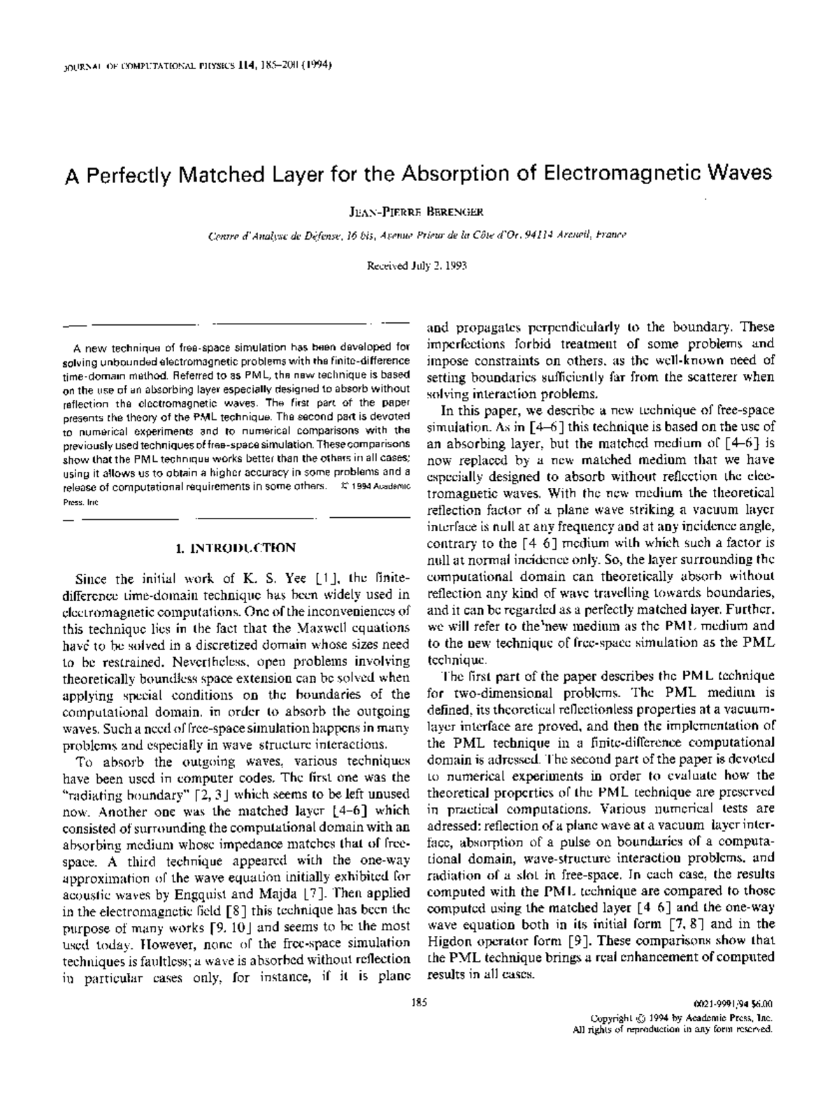 PML Technique for Electromagnetic Wave Absorption - Berenger 1994 - Studocu