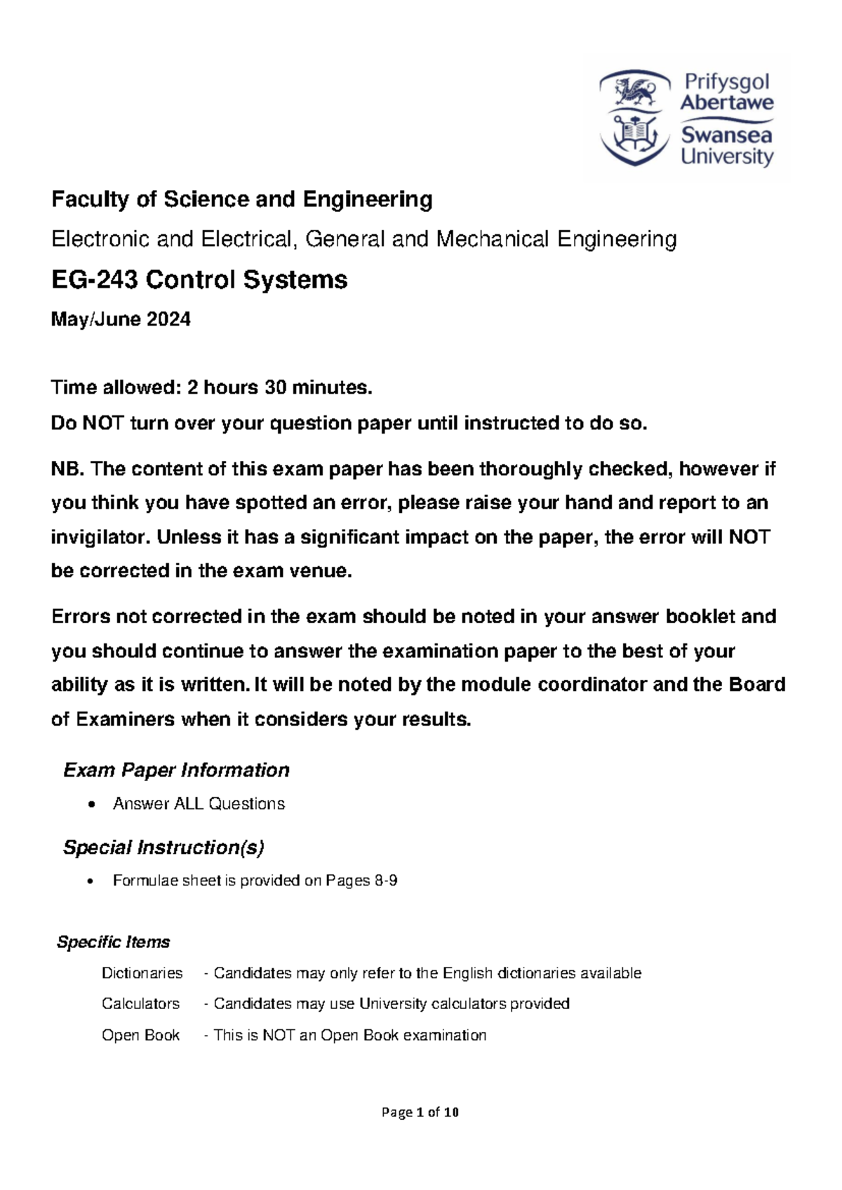 Control Systems Exam Paper 2024 - Faculty of Science & Engineering ...
