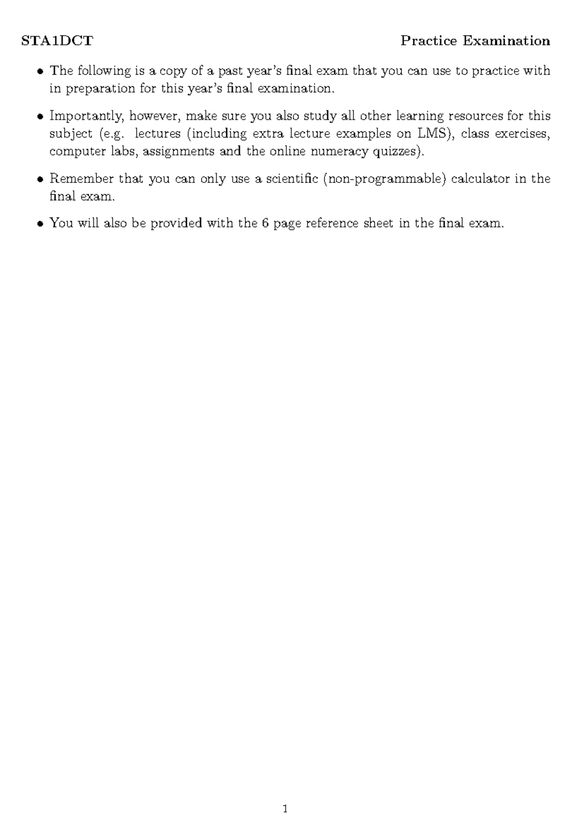 STA1DCT Practice Final Exam Question Sheet for Review - Studocu