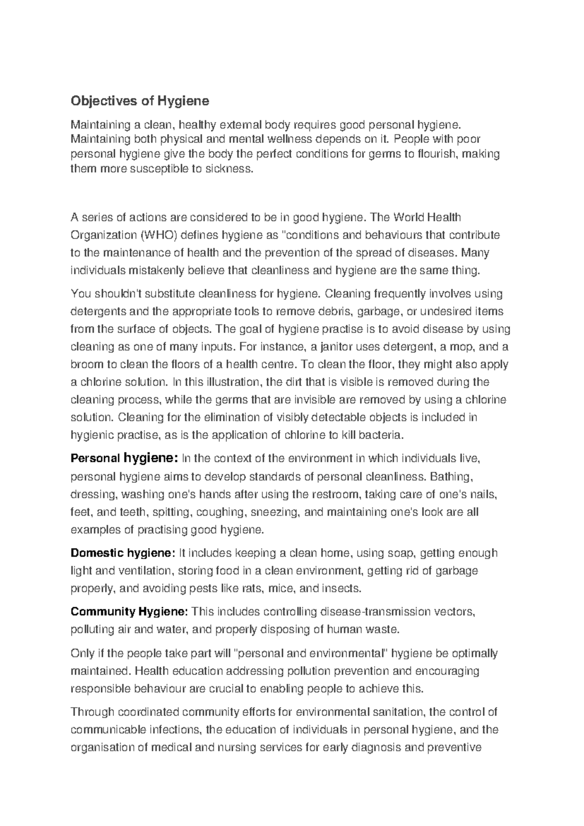 Hygiene Objectives: Promoting Cleanliness and Health Standards - Studocu