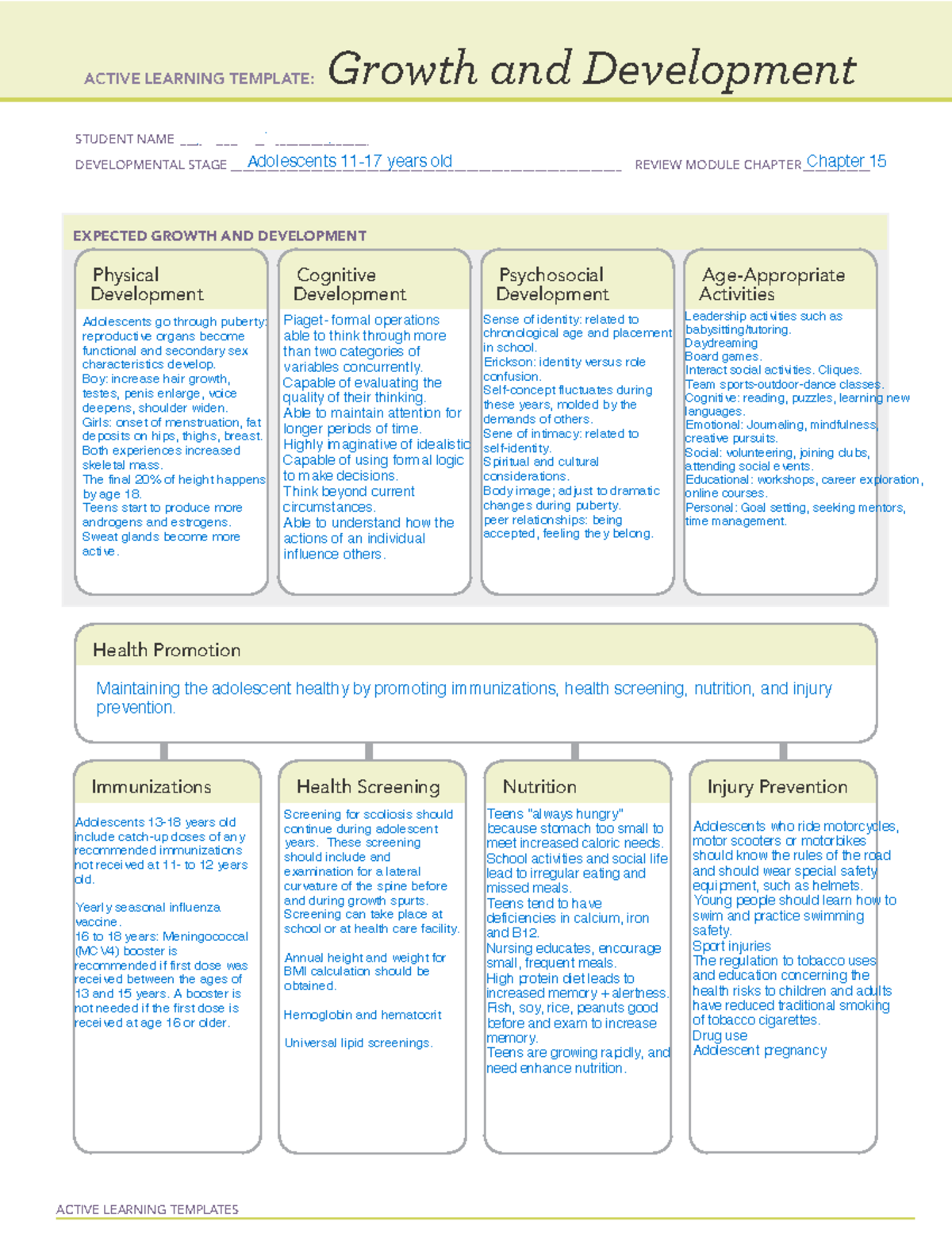 Adolescent Growth & Development (G&D) Template for Health Promotion - Studocu