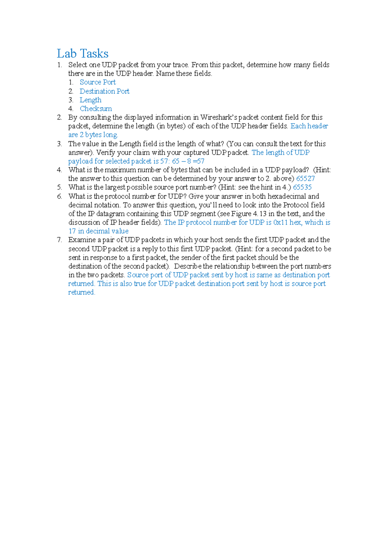Network Fundamentals Lab 5 Answers - Lab Tasks Select one UDP packet ...