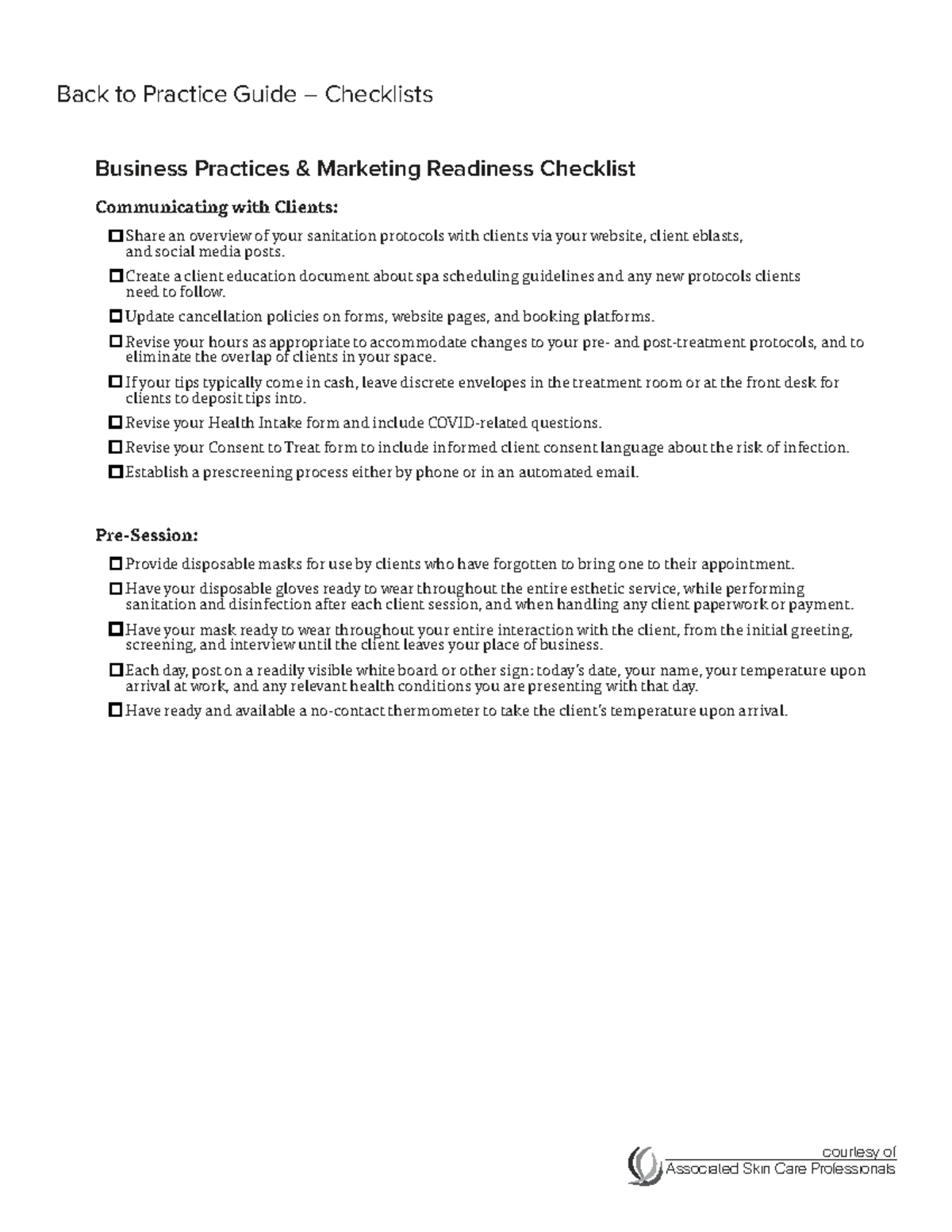 Business Practices Marketing Readiness Checklist: Client Communication ...
